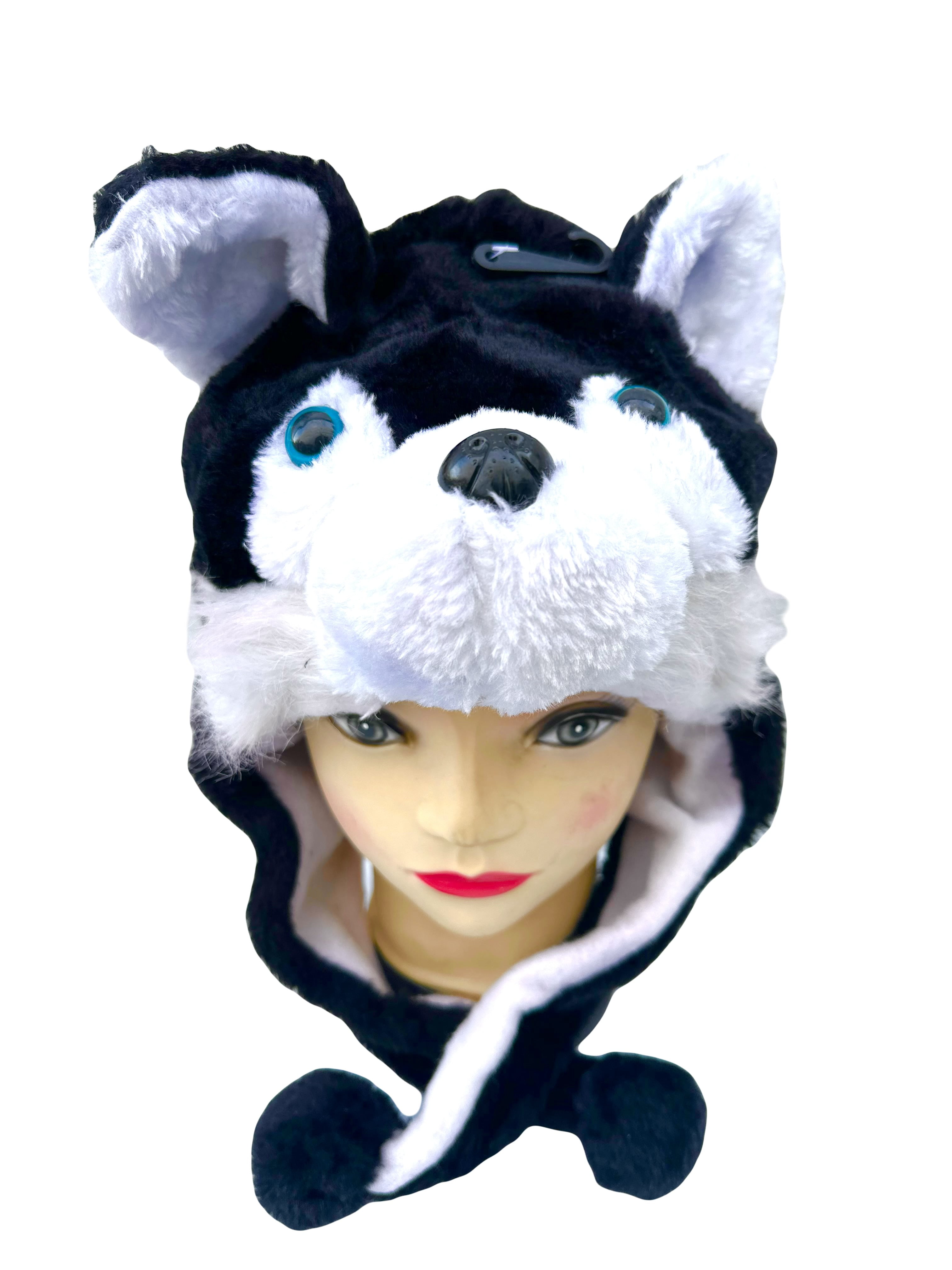 Plush Black Husky Animal Hat - Husky Hat with Ear Flaps and Poms ...