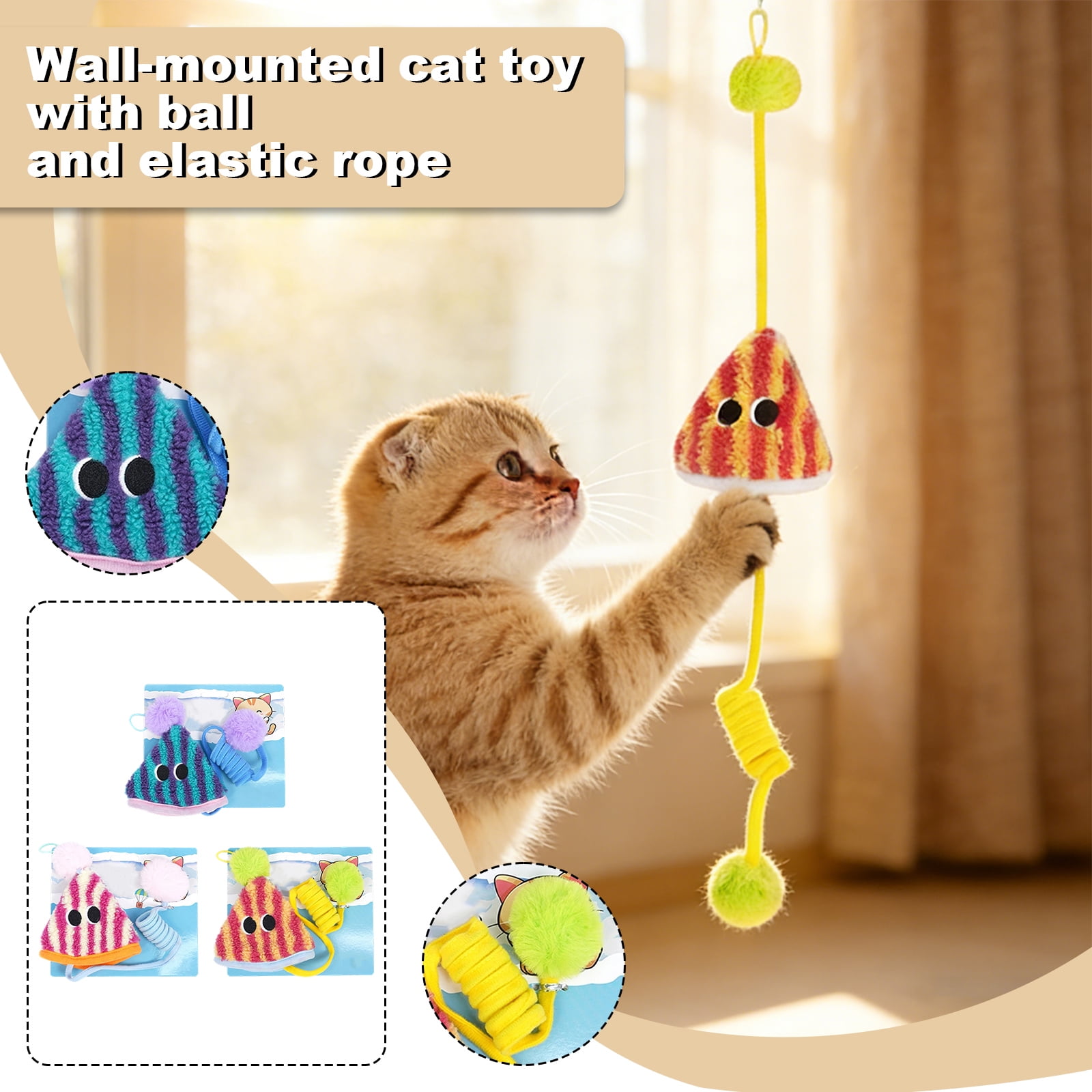 Plush Cat Toy with Pom Pom Ears and Elastic Cord for Interactive Play ...