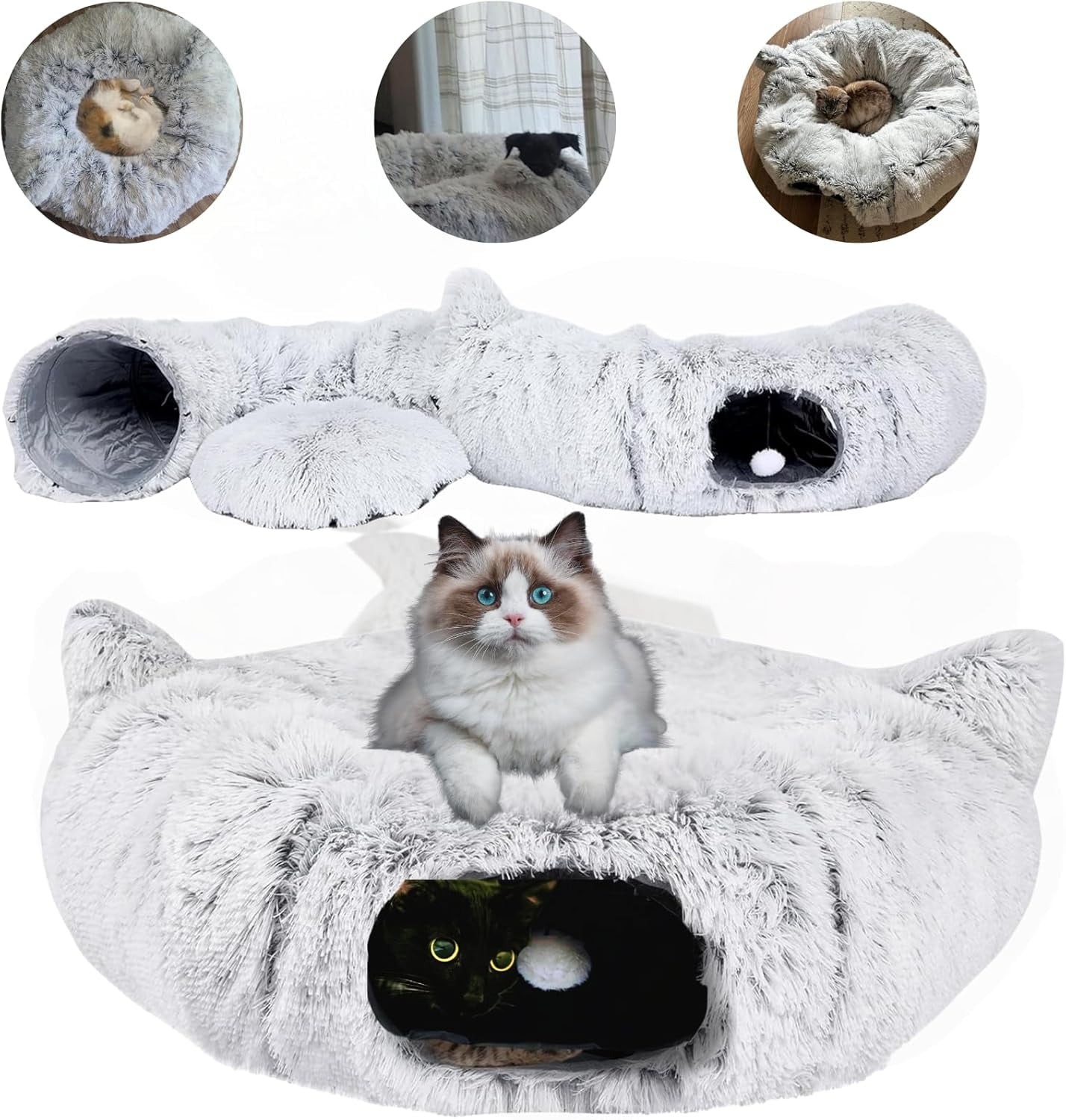 Plush Cat Tunnel Bed with Bed for Indoor Cats|Peekaboo Cat Cave|Jumbo ...