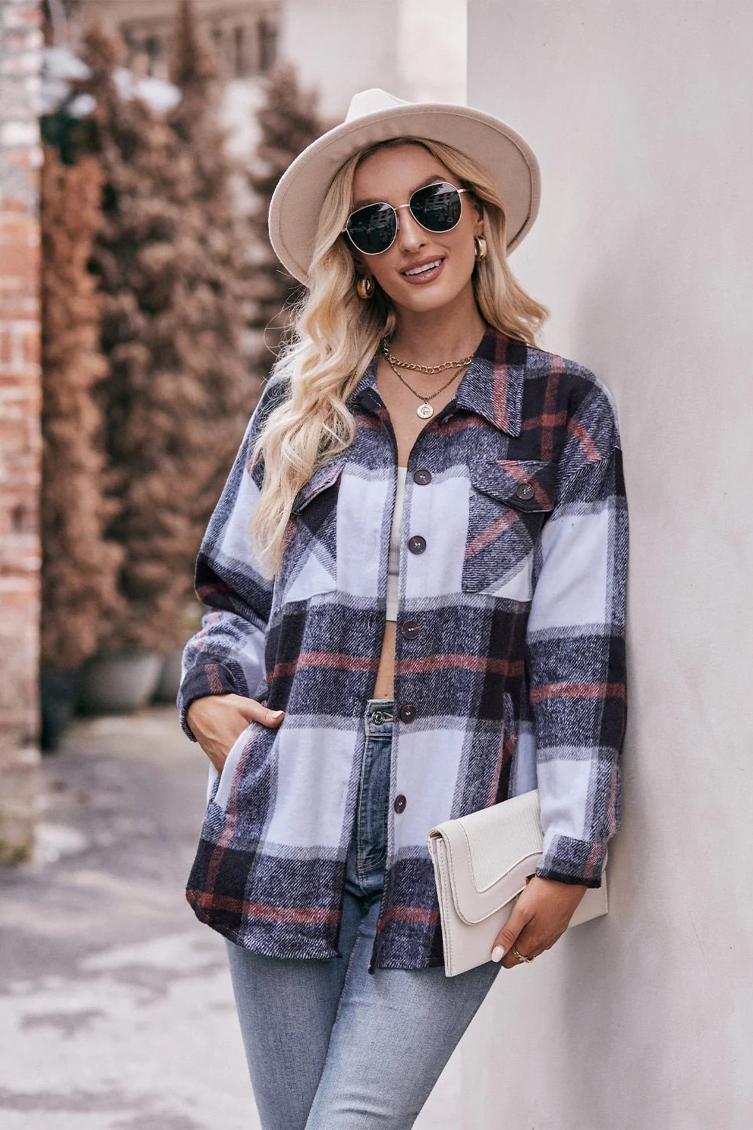 Plush Checkered Shirt Jacket with Convenient Pockets - Walmart.com