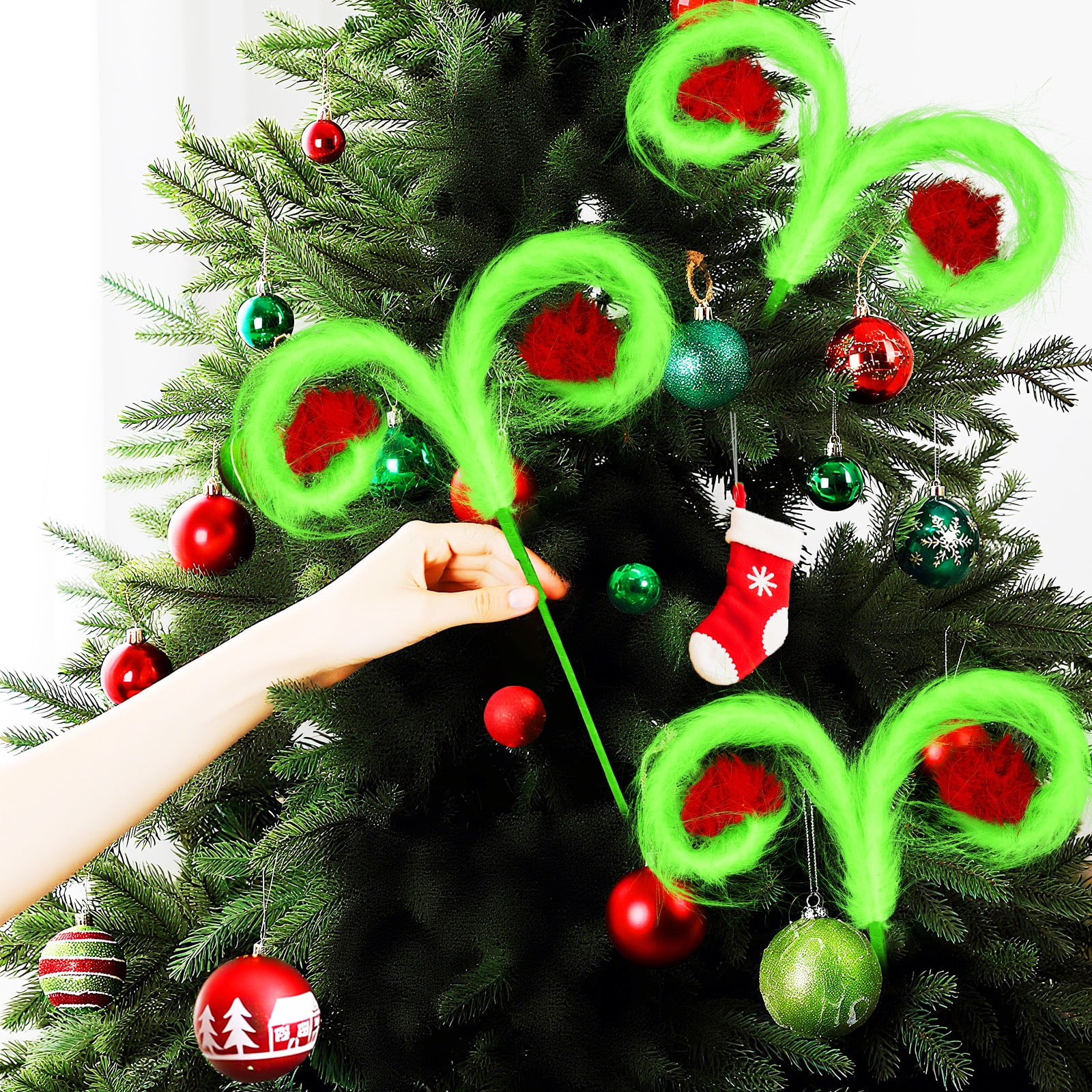 Plush Christmas Tree Pick Decoration Fluorescent Green Monster Elf ...