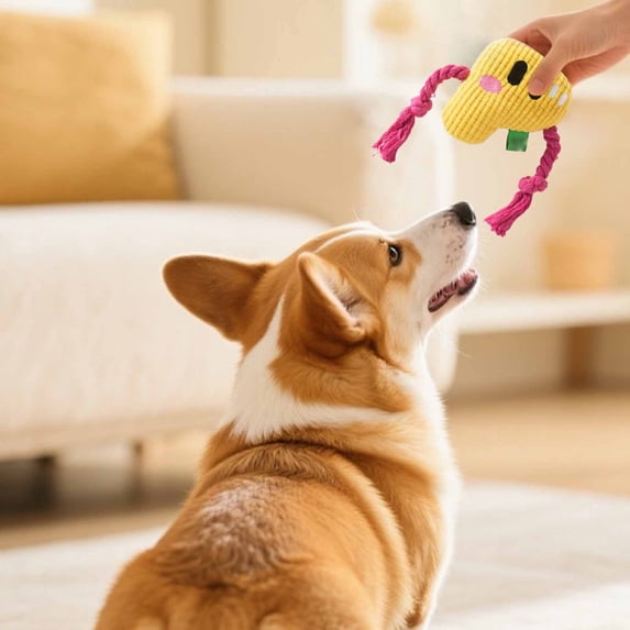 Plush Corduroy Squeaky Dog Toy with Braided Rope Chew Design Soft ...