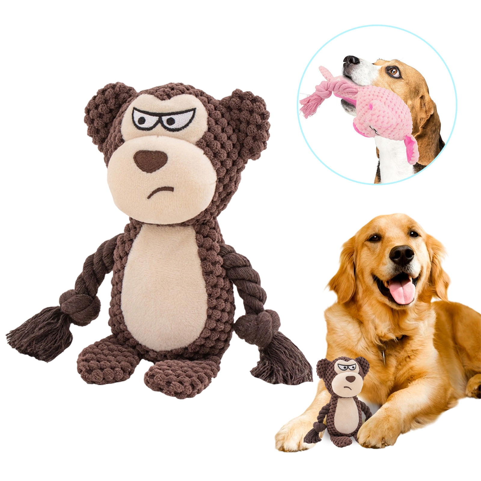 Plush Dog Chew Toy–2026 Squeaky Monkey with Rope&Crinkle Paper ...
