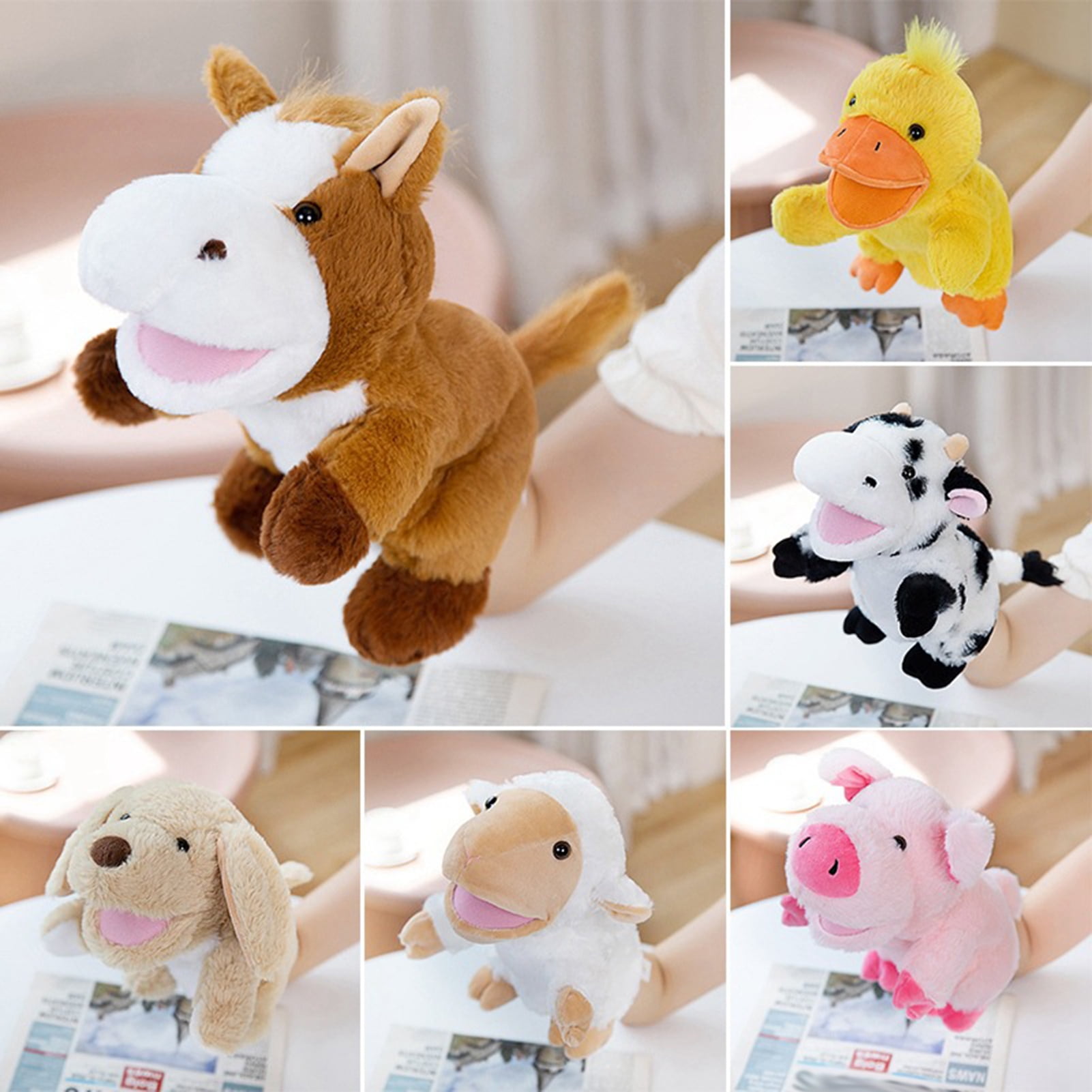 Plush Farm Animal Hand Puppet Toy Movable Mouth Dog Duck Horse Cow ...