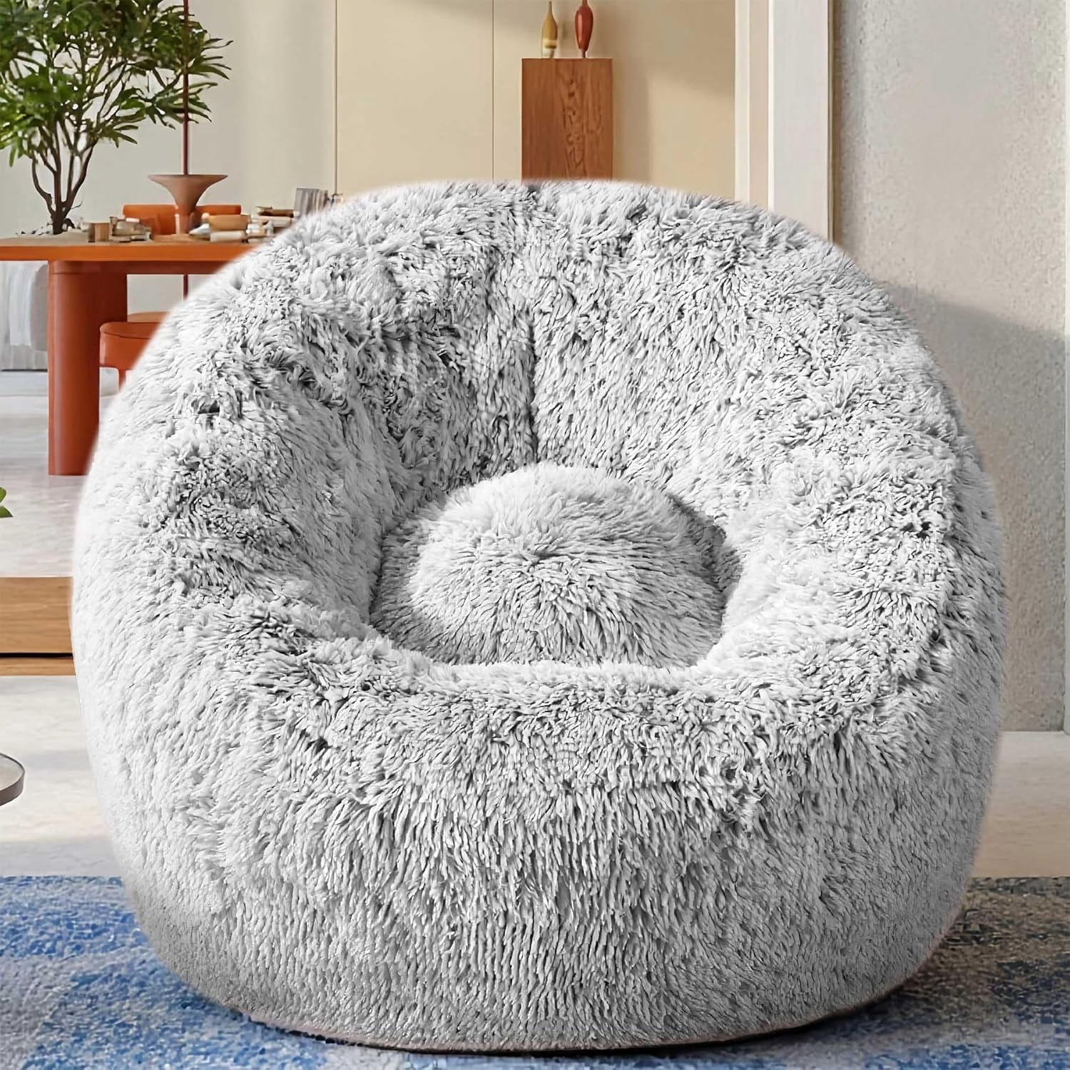 Plush Faux Fur Bean Bag Chair with Memory Foam Fill Sofa Shape Grey 3 ...