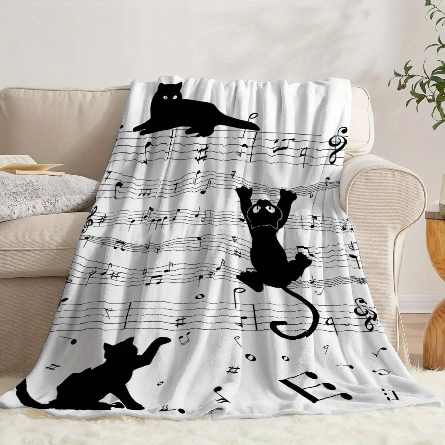 Plush Flannel Blanket with Black White Cat Silhouettes & Music Notes on ...