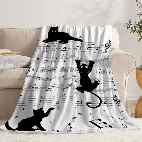 Plush Flannel Blanket with Black White Cat Silhouettes & Music Notes on ...