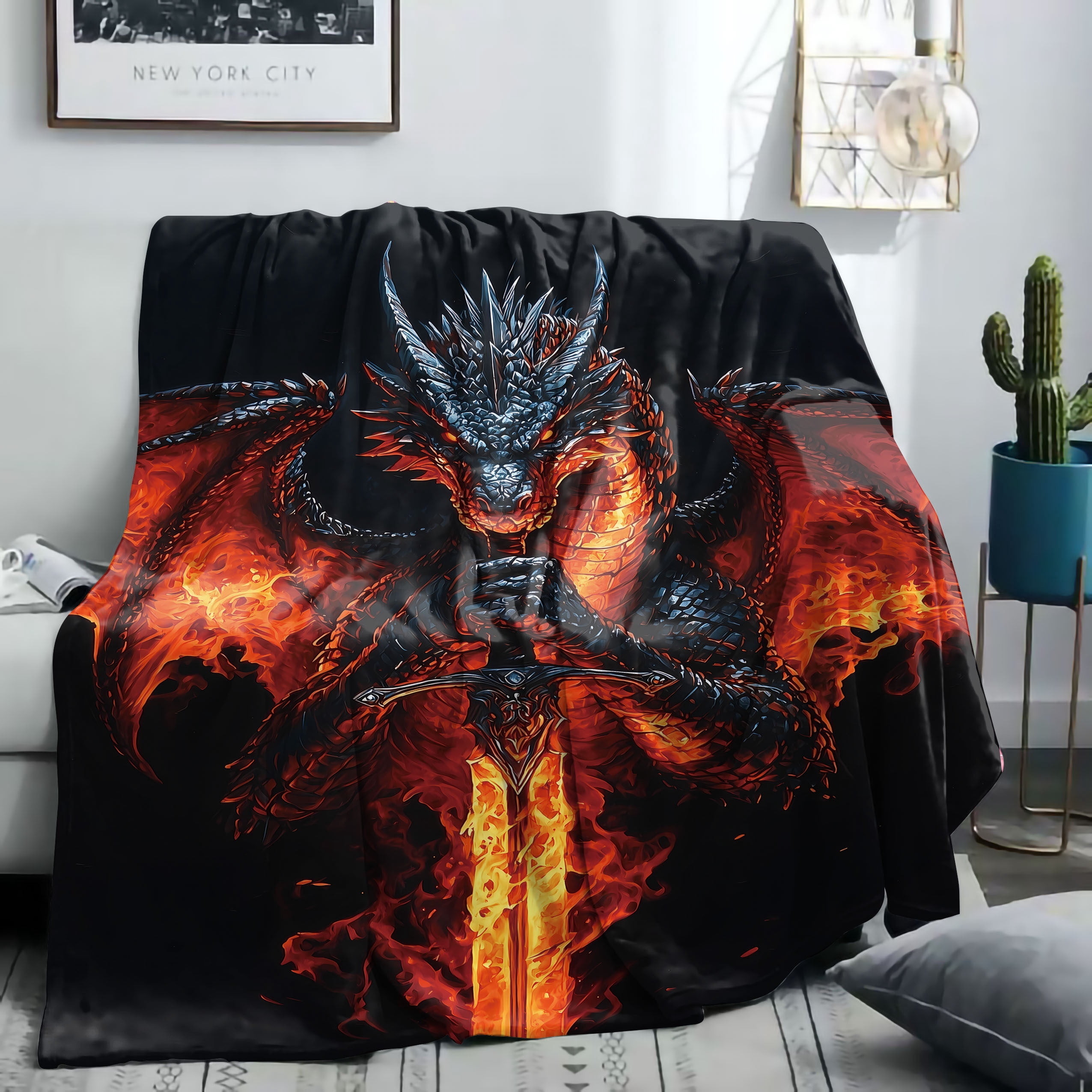 Plush Flannel Throw Blanket Featuring a Luxury Dragon And Sword Design ...