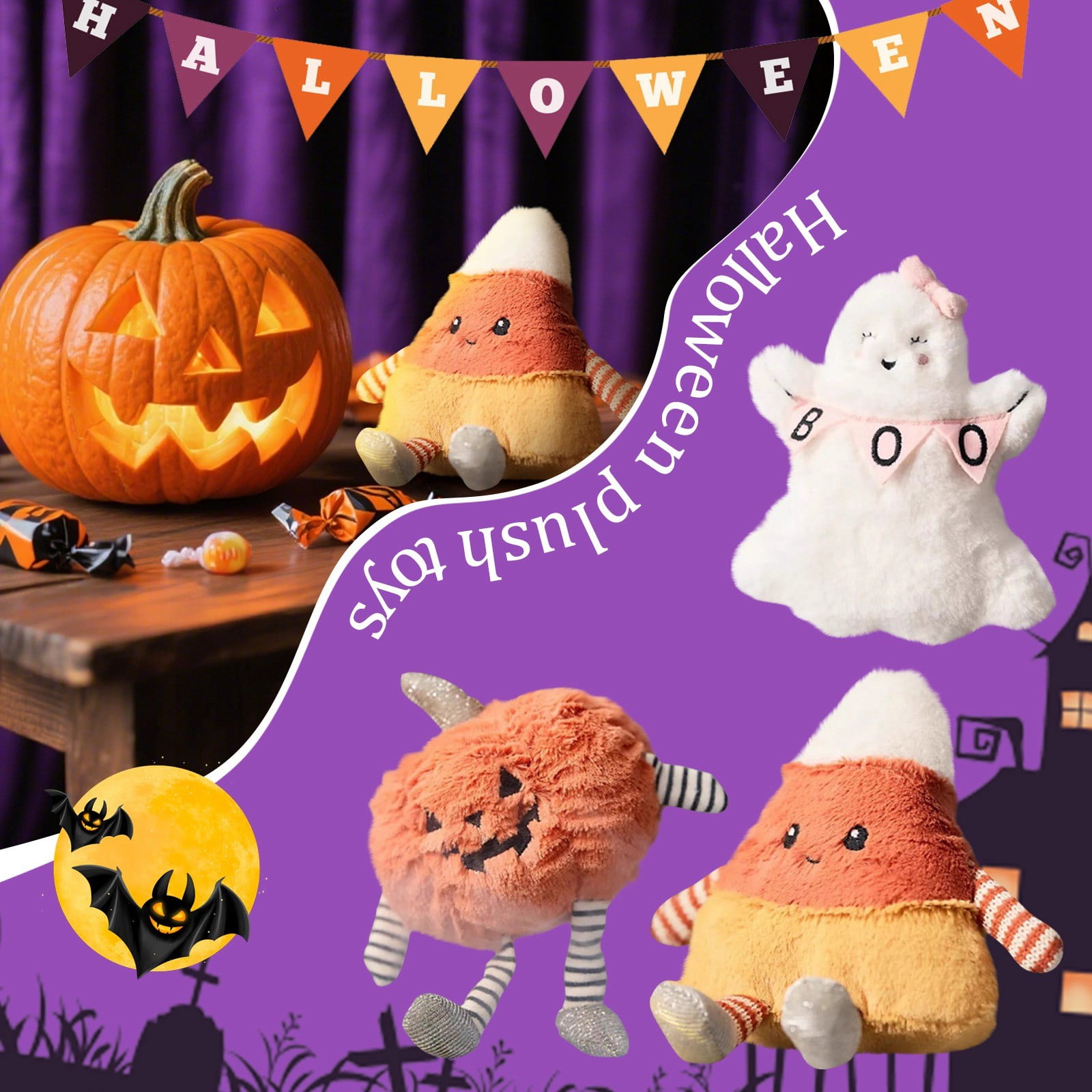 Plush Halloween Ghost Stuffed Toy with Pink Bow and BOO Banner, Soft ...