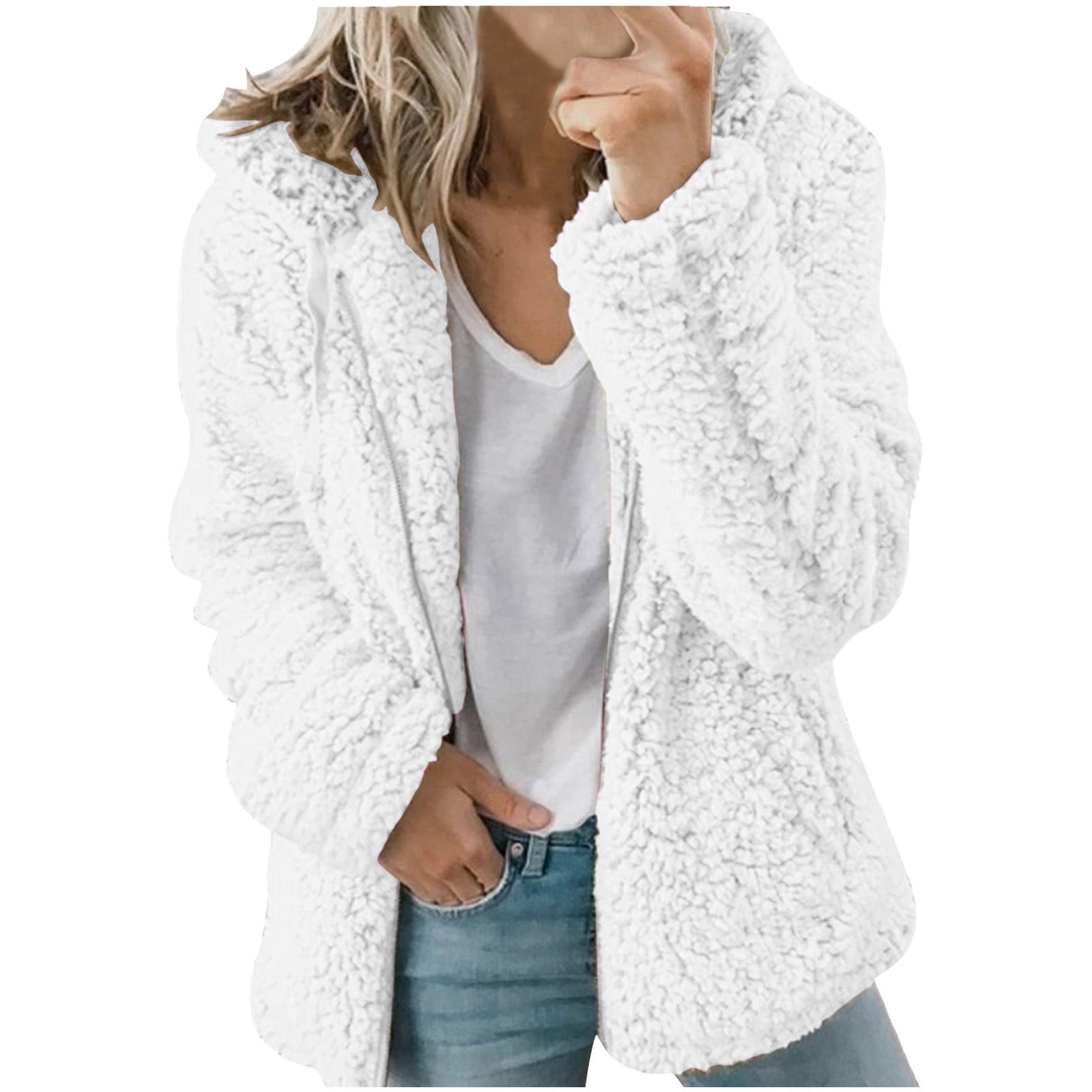 Plush Jackets for Women Solid Color Sherpa Jackets Warm Faux Fur Zip Up ...
