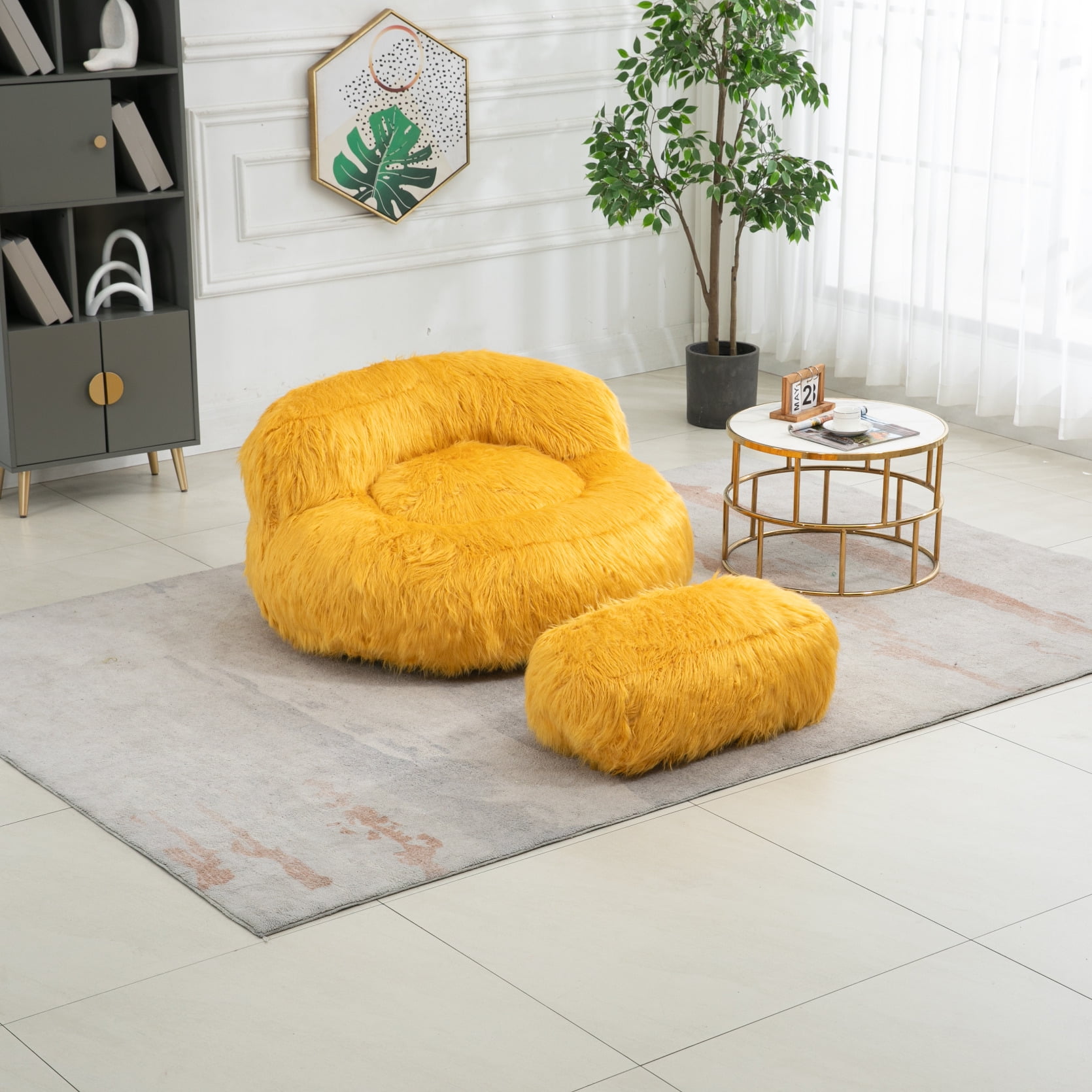 Plush Large Bean Bag Chair with Ottman, Modern Fluffy Chair Lazy Sofa ...