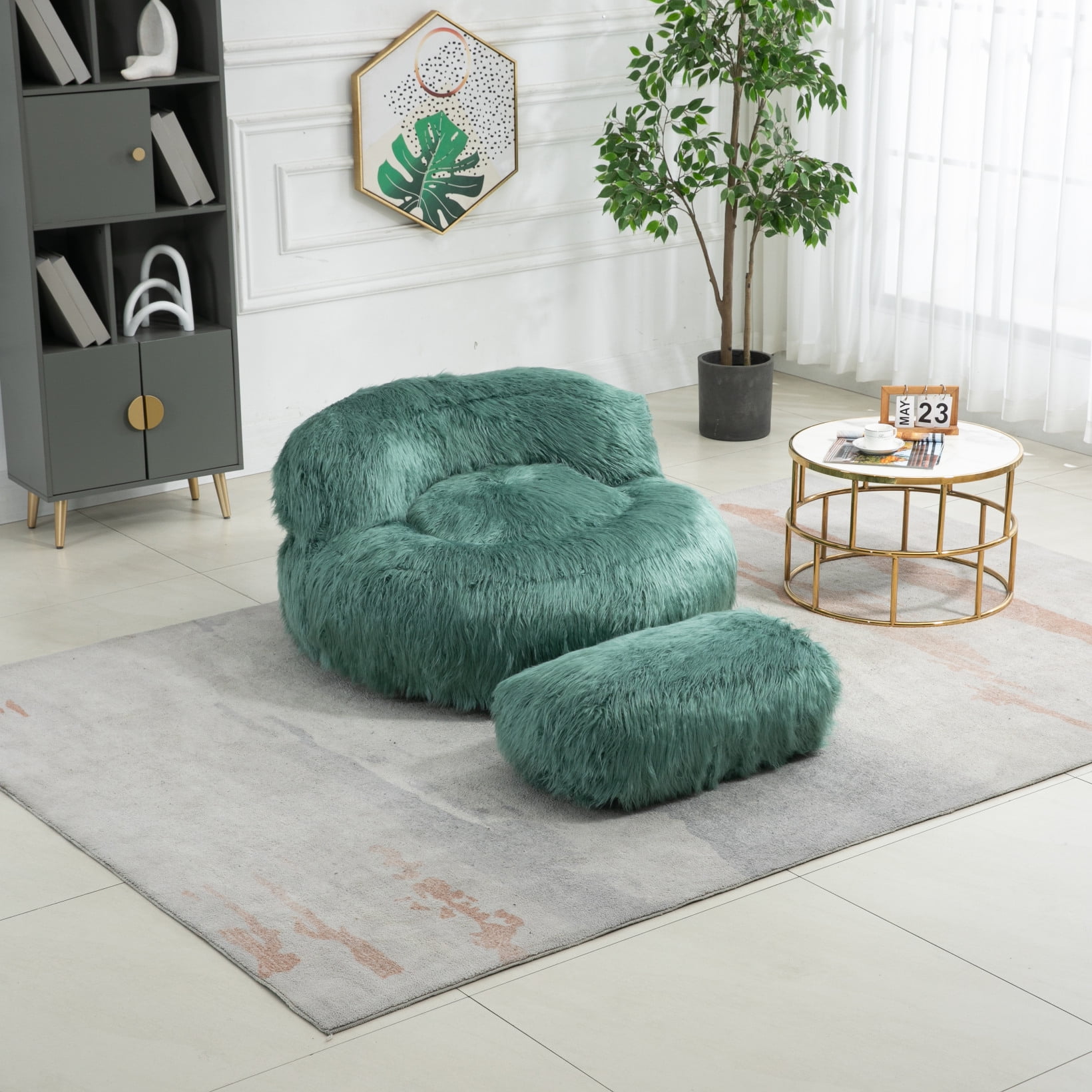 Plush Large Bean Bag Chair with Ottman, Modern Fluffy Chair Lazy Sofa ...