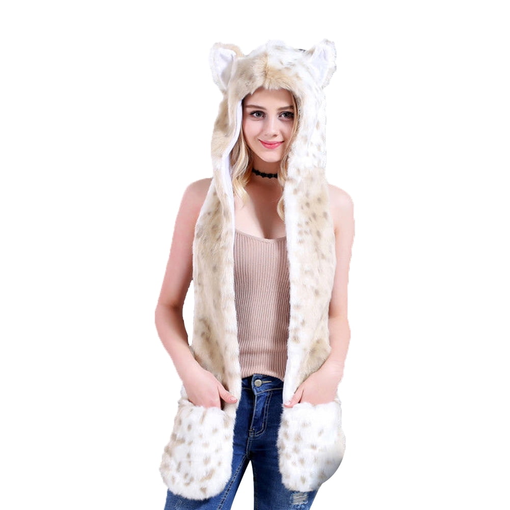 Plush Novelty Animal Hat,3 in 1 Function Faux Fur Full Animal Hood Hat ...