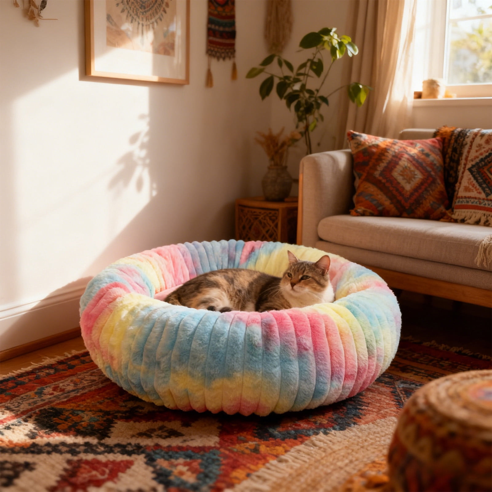 Plush Pet Bed, Round Donut Dog Bed Cat Bed, Soft Rabbit Fur Kennel with ...