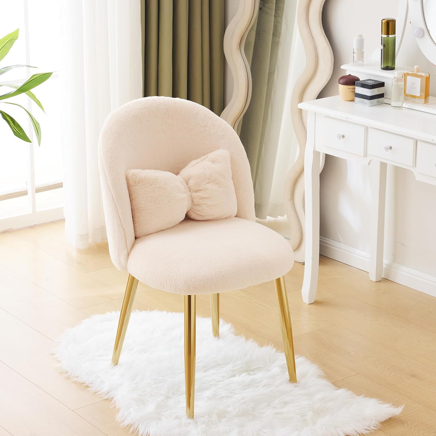Plush Petal Makeup Chair with Back, Adjustable Gold Legs & Bow Pillow ...