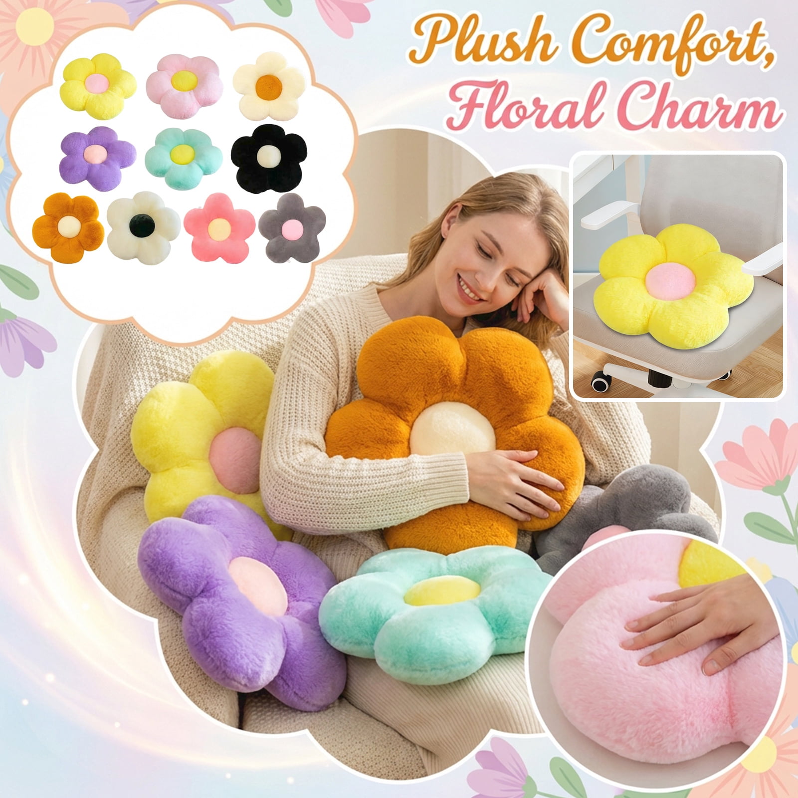Plush Pink Flower Chair Pad, Flower Shaped Pillow, Round Seat Cushion ...