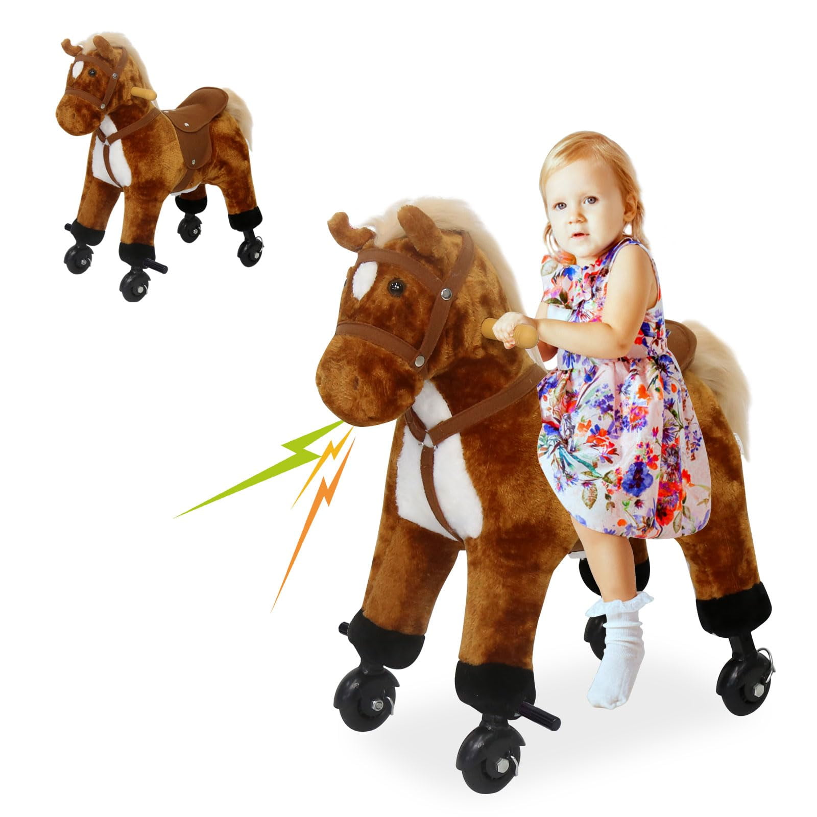 Plush Rocking Horse Toy for Kids, Ride on Pony with Wheels and ...