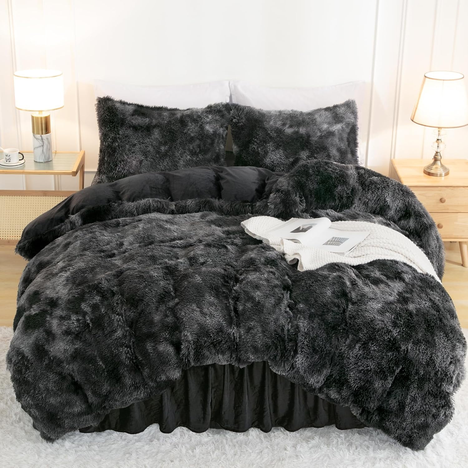Plush Shaggy Duvet Cover, Tie Dye Black Fluffy Comforter Cover Set Full ...