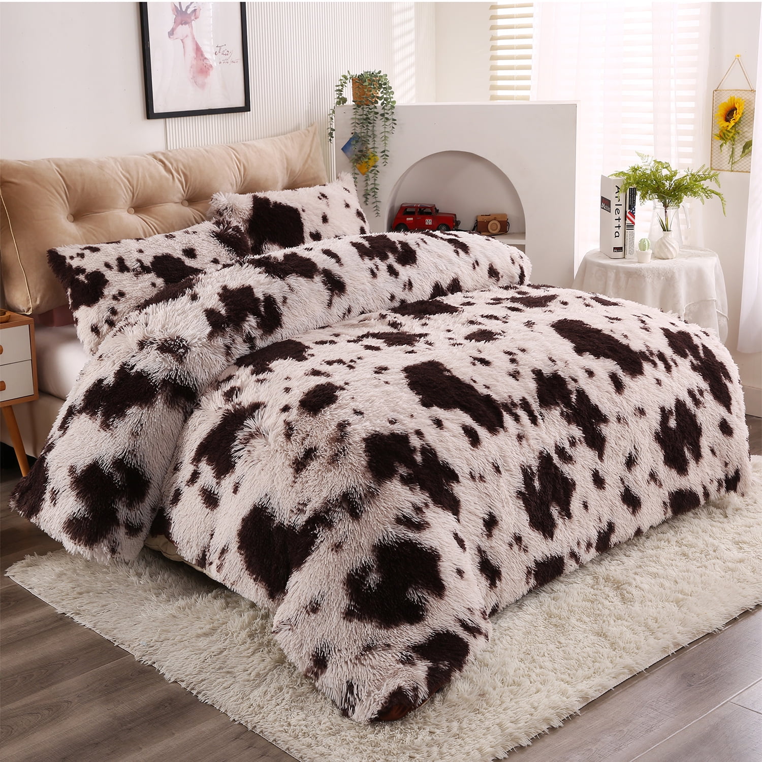 Plush Shaggy Fuzzy Duvet Cover Set Brown White Cow Print Soft Crystal ...