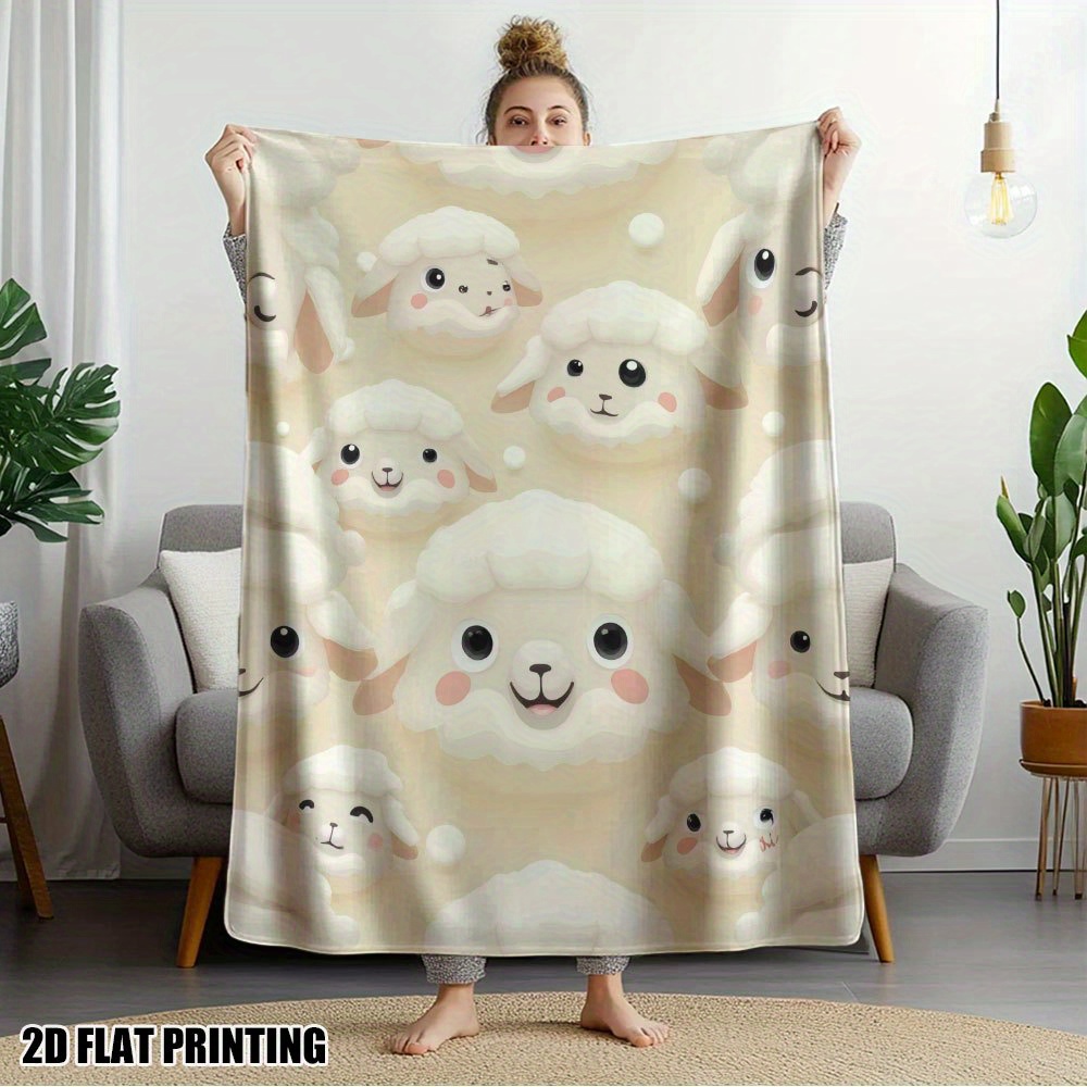Plush Sheep Print Flannel Throw Blanket - Soft Beige & Brown Cozy All ...