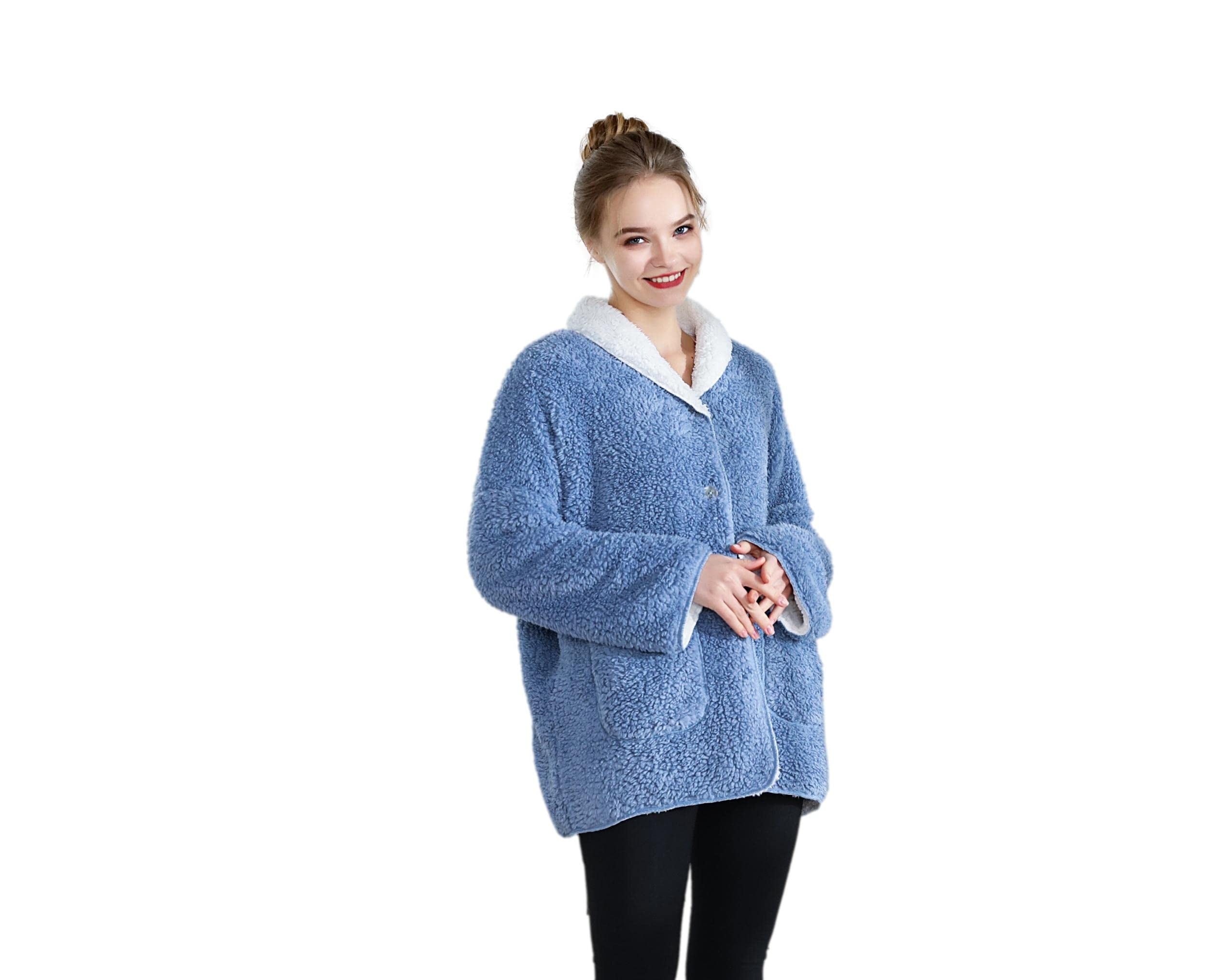 Plush Sherpa Reversible Button Front Bed Jacket/House coat Lounge ...