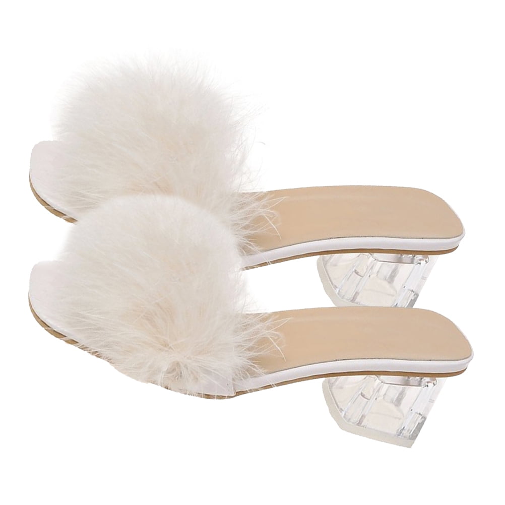 Plush Slippers for Women Fluffy Heels Fur Flat Sandals Dressy Font ...
