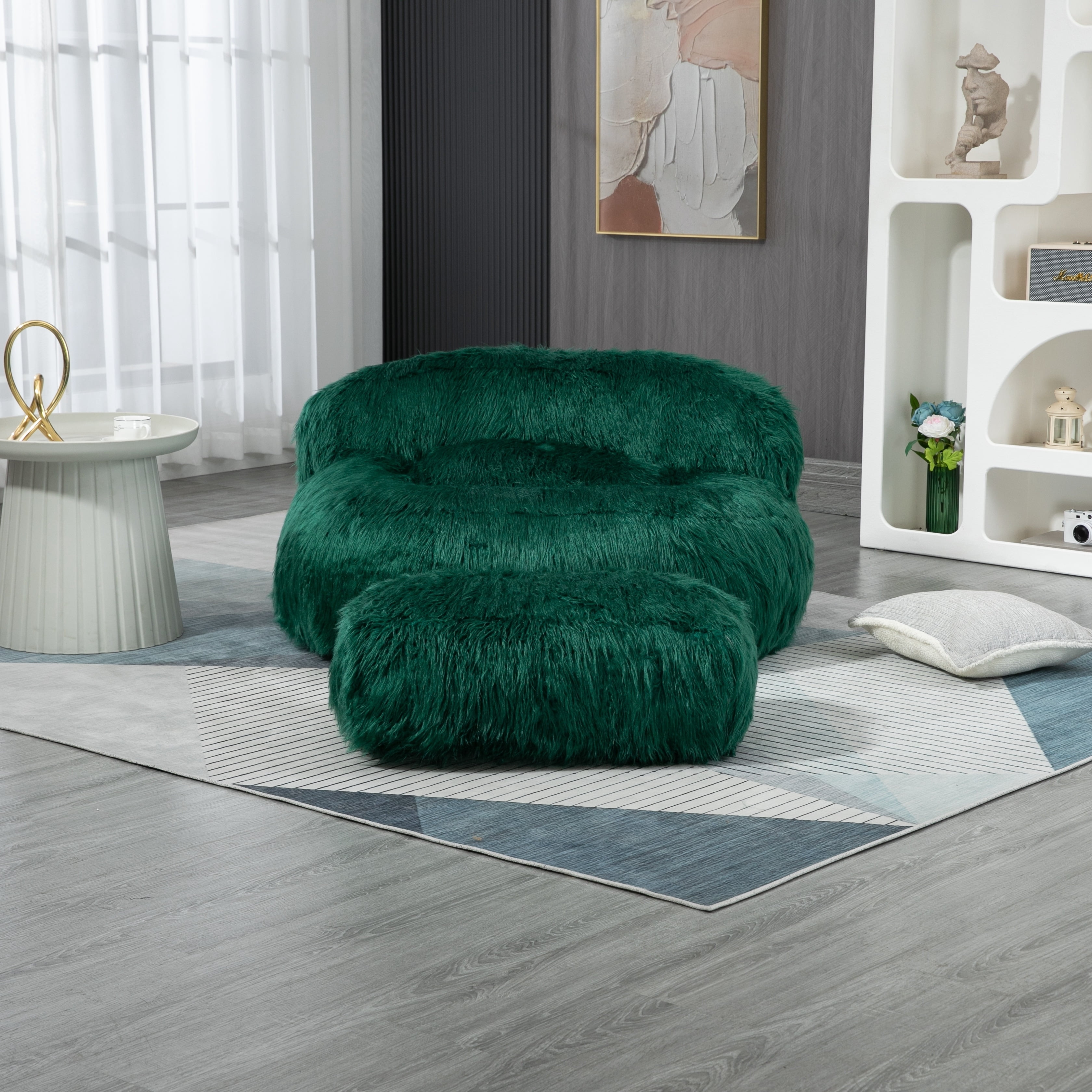 Plush Upholstered Round Comfort Lounger Bean Bag Chair with Ottoman ...