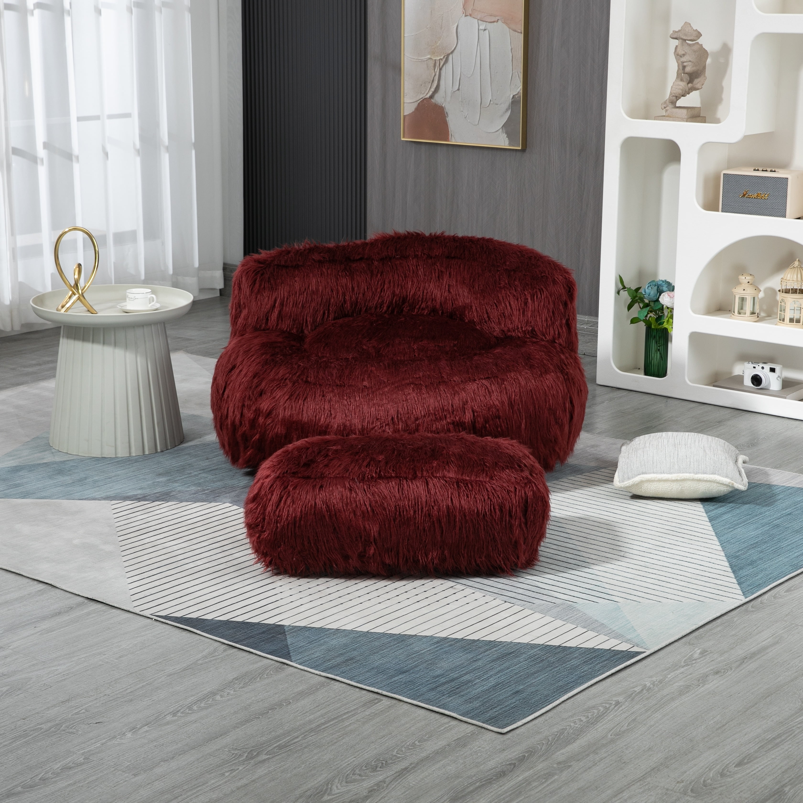 Plush Upholstered Round Comfort Lounger Bean Bag Chair with Ottoman ...