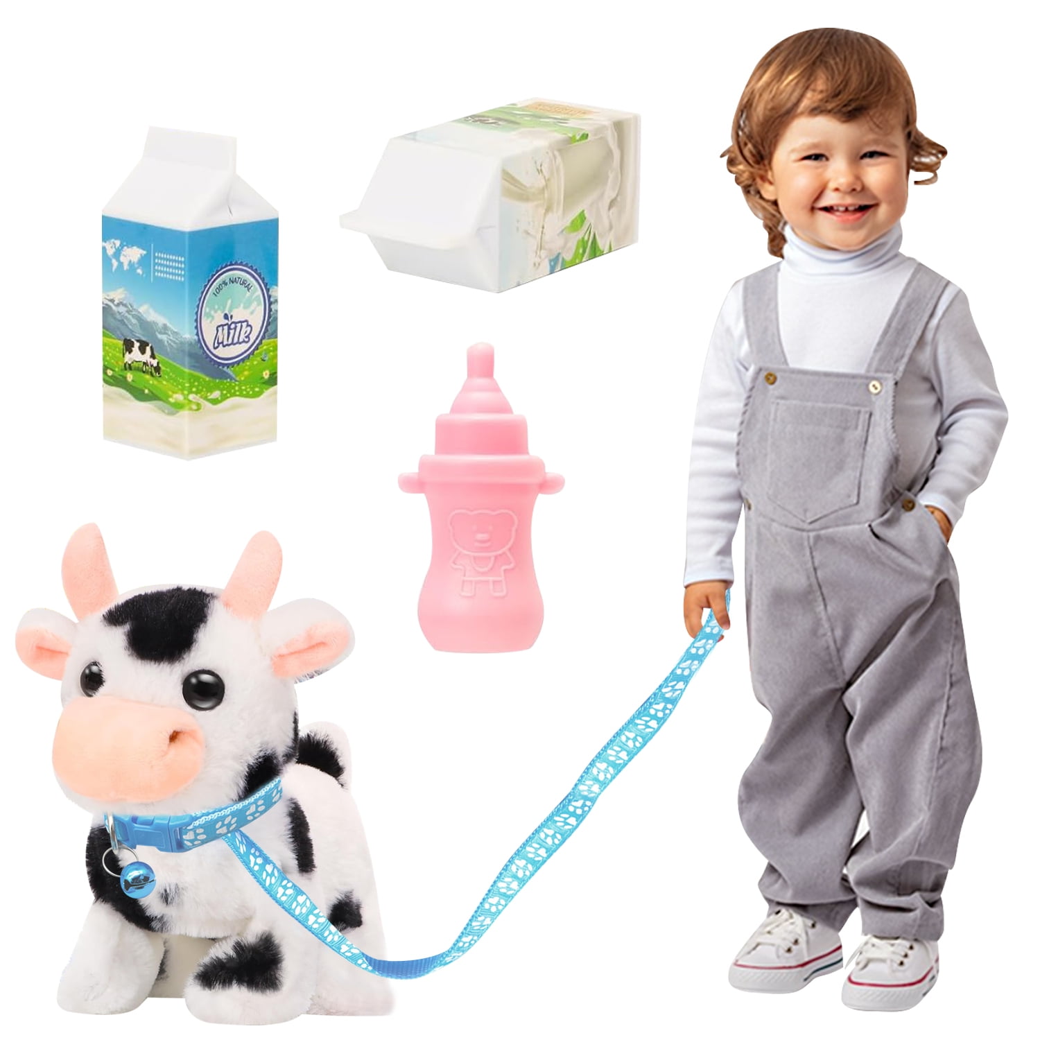 PINKRBT Plush Walking Cow Toy for Toddlers, Interactive Toy with Animal ...