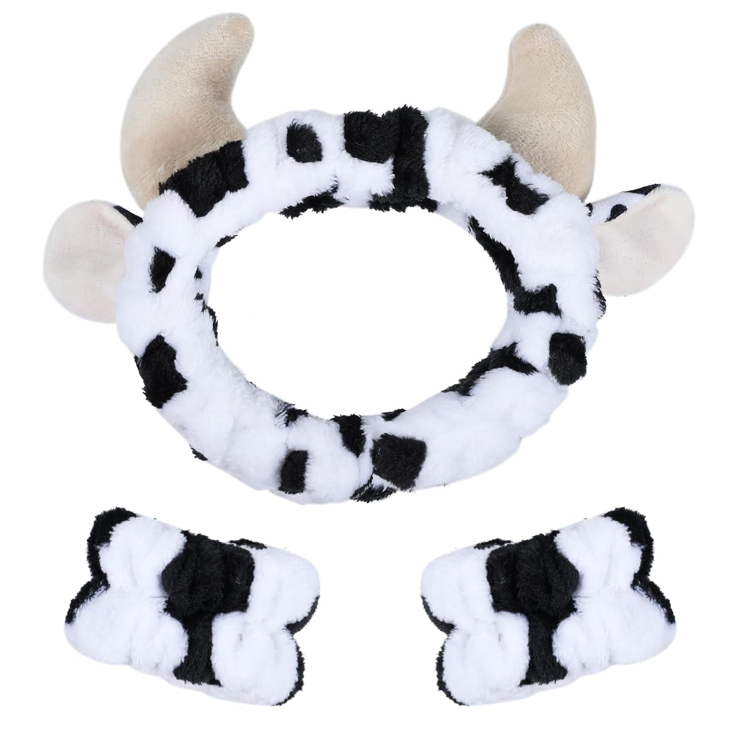Plush Wash Face Headband, Cow Print Spa Wrist Band Cuffs Hair Scrunchy ...