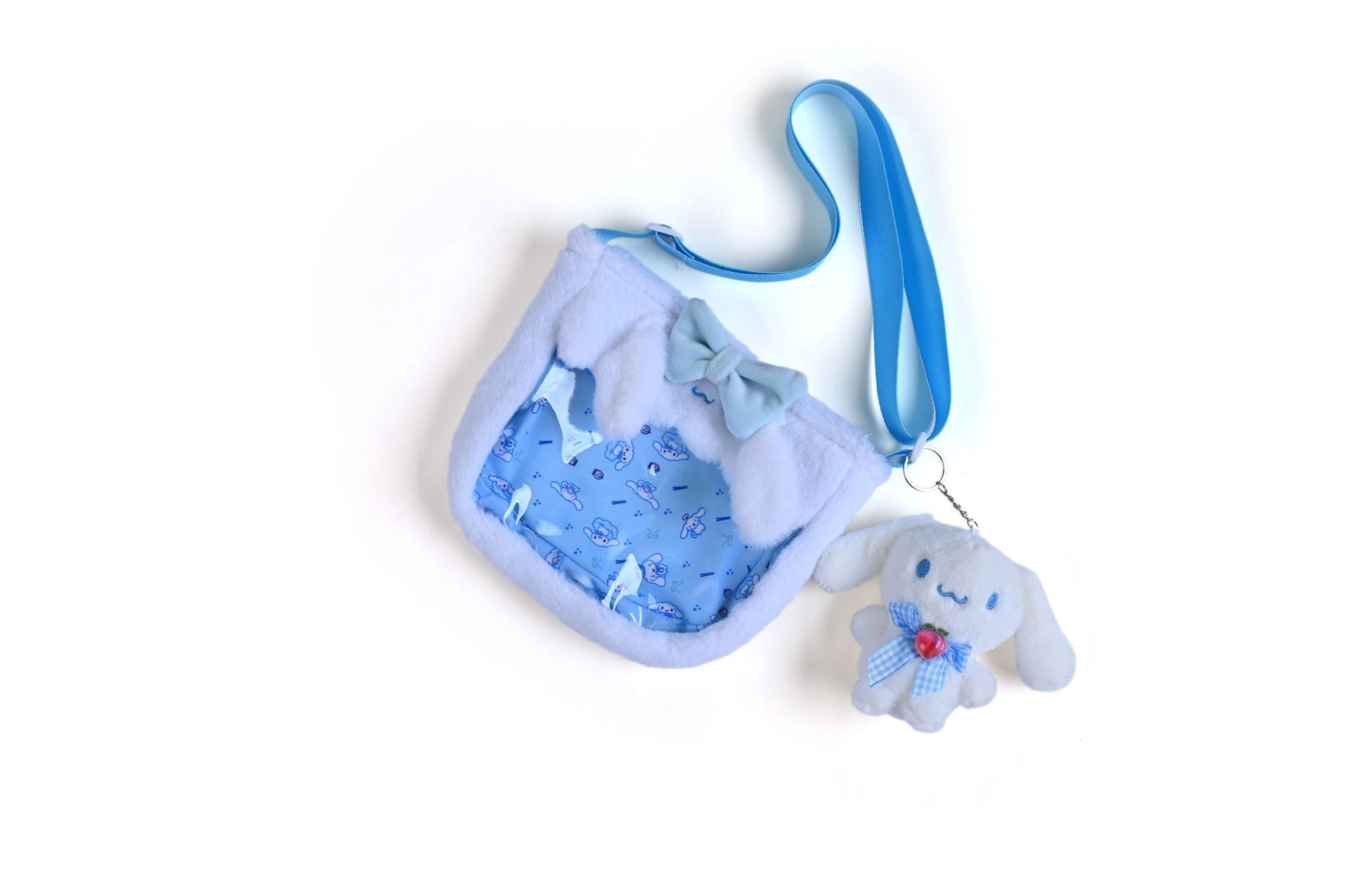 Plush strap pendant jelly square bag Transparent storage crossbody bag ...