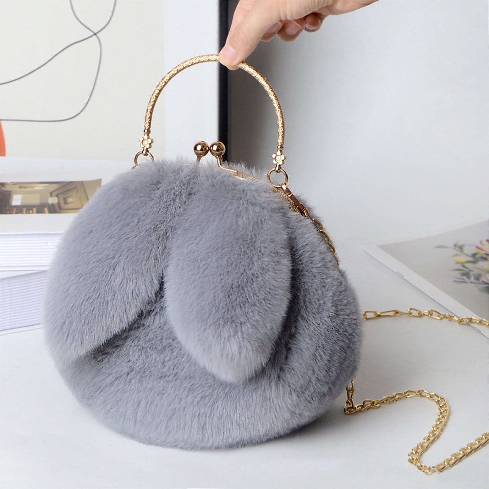 Plushs Rabbits Bag Women Crossbody Tote Hair Bag Rabbits Ears Clip ...