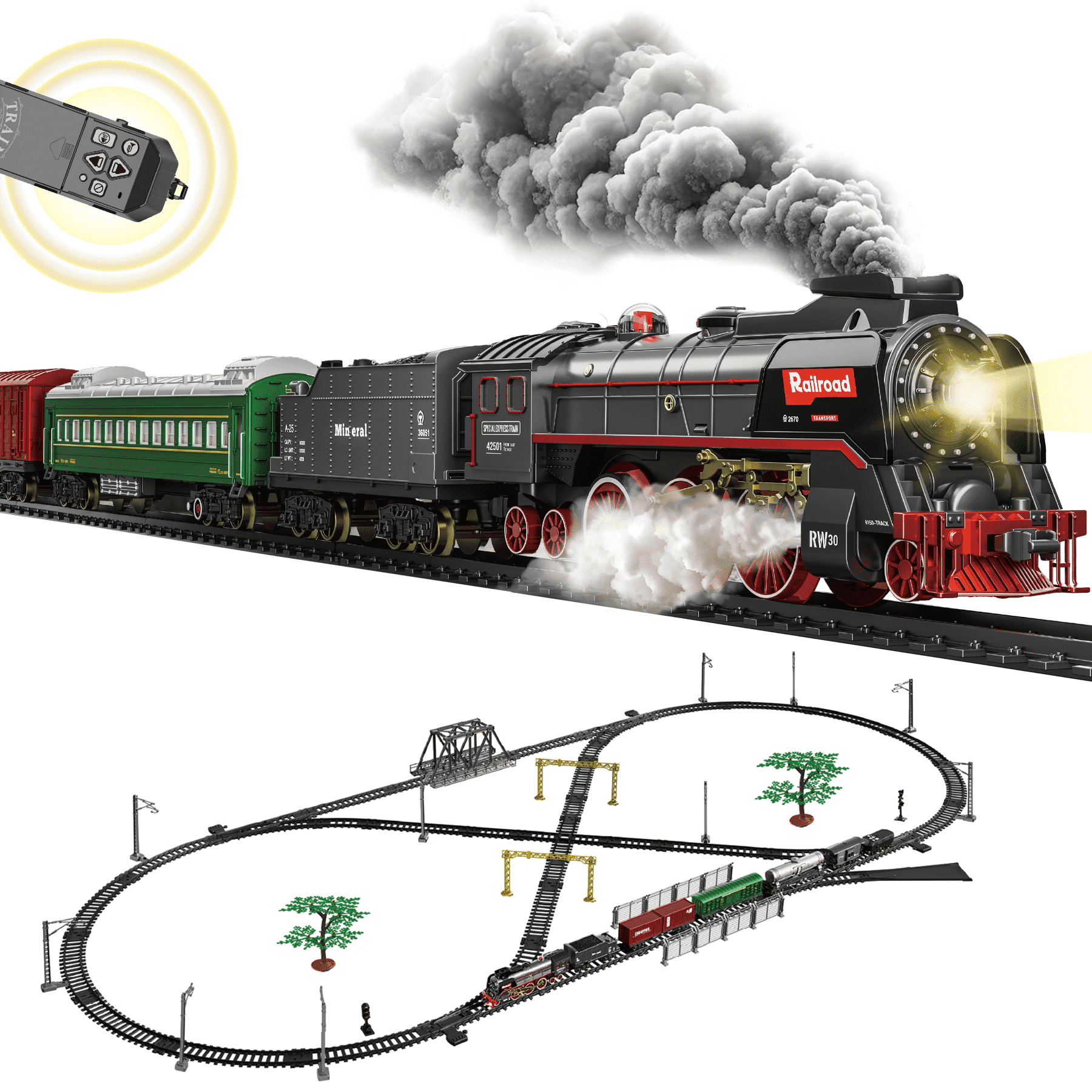 Plustopoy Electric Train Set with Smoke and Remote, Rechargeable Steam ...