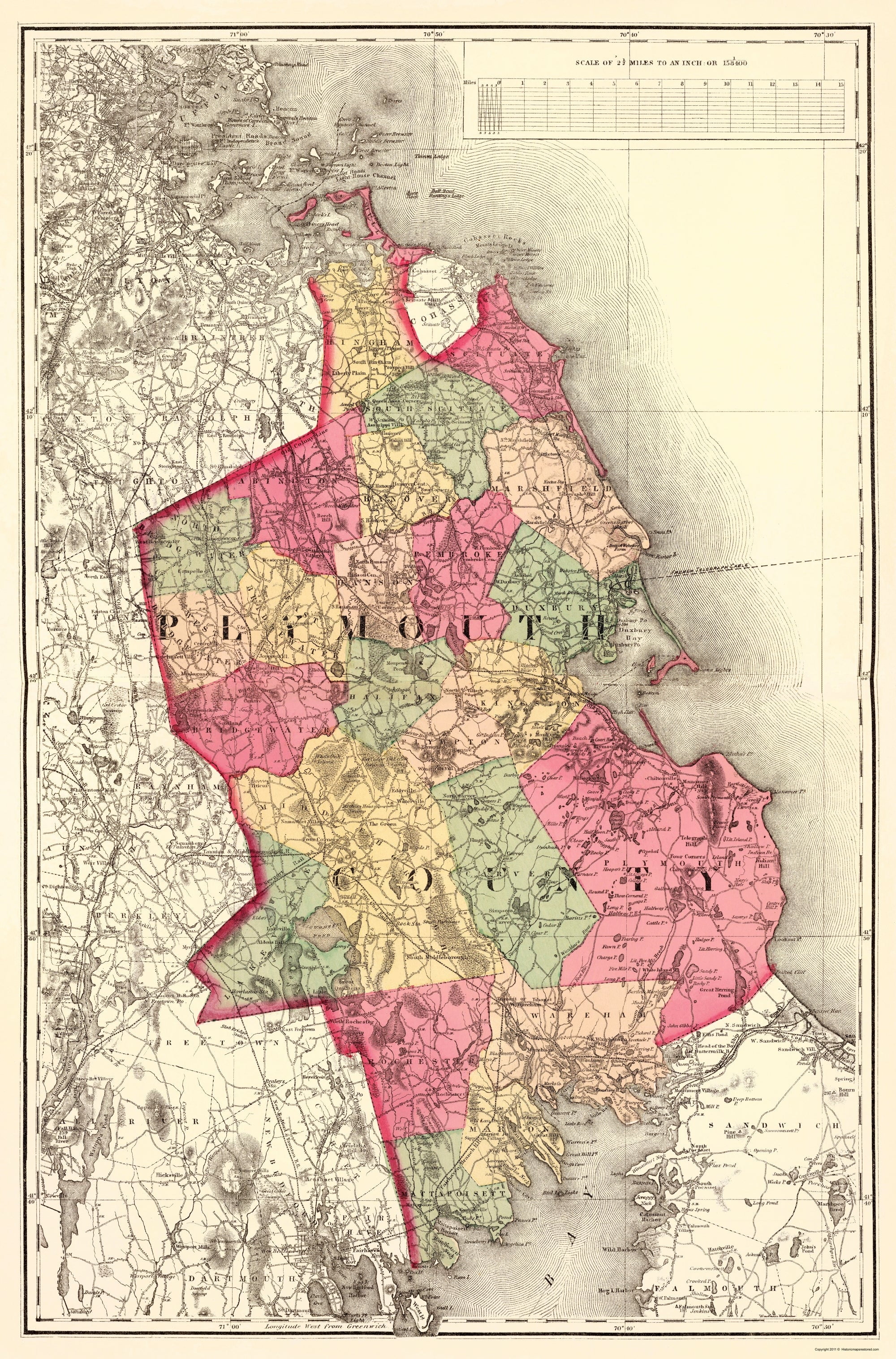Historic County Map - Plymouth County Massachusetts - Walling 1871 - 23 ...