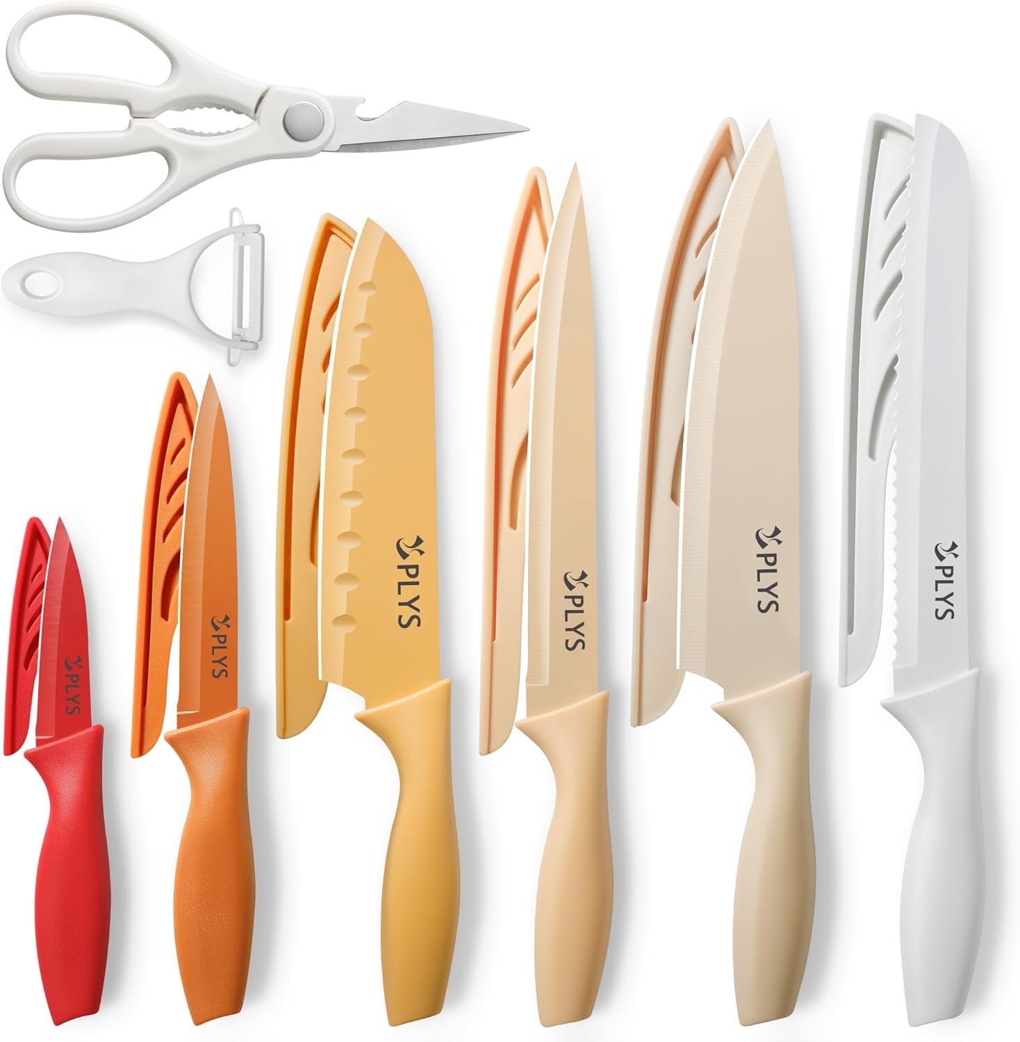 Plys 14-Piece Kitchen Knife Set with Covers, Colorful Ceramic Coating ...