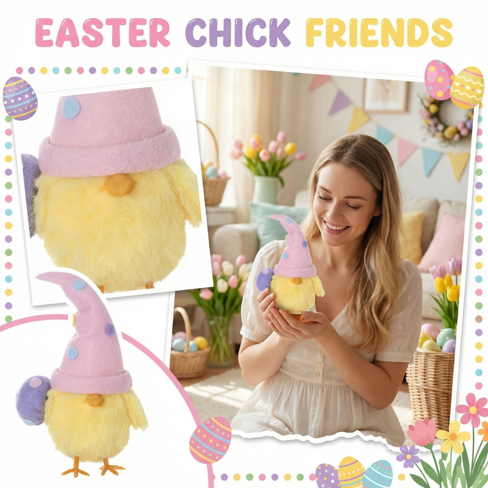Plyzle Easter Chick Plush Toy Pink Decorative Figurine for Home Spring ...