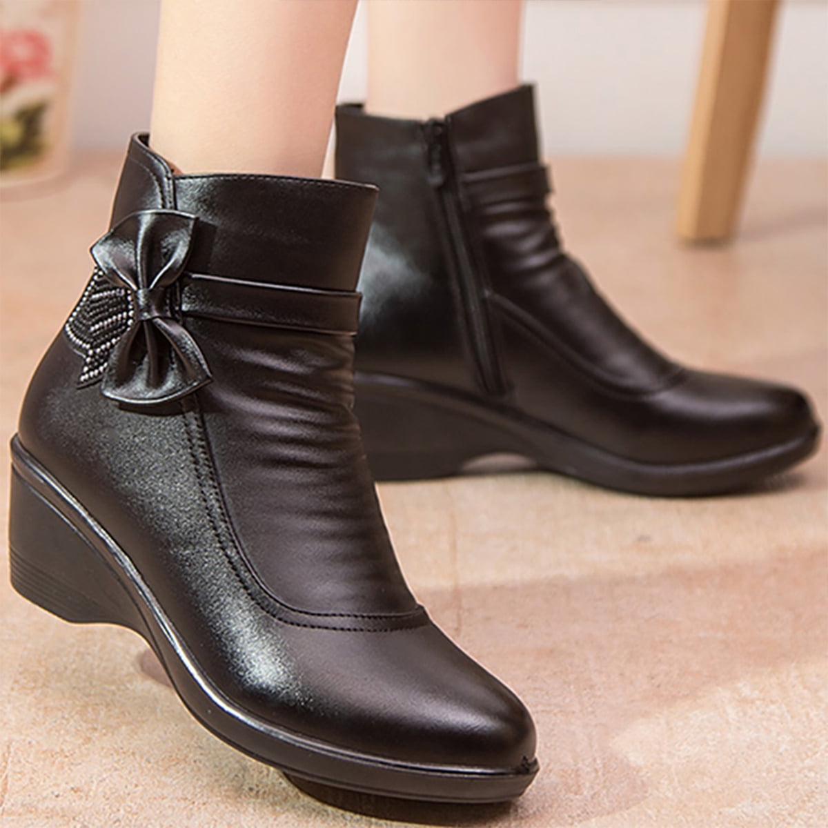 Pmoiste Ankle Boots for Women with Bow Wedge Winter Wide Width Plush ...