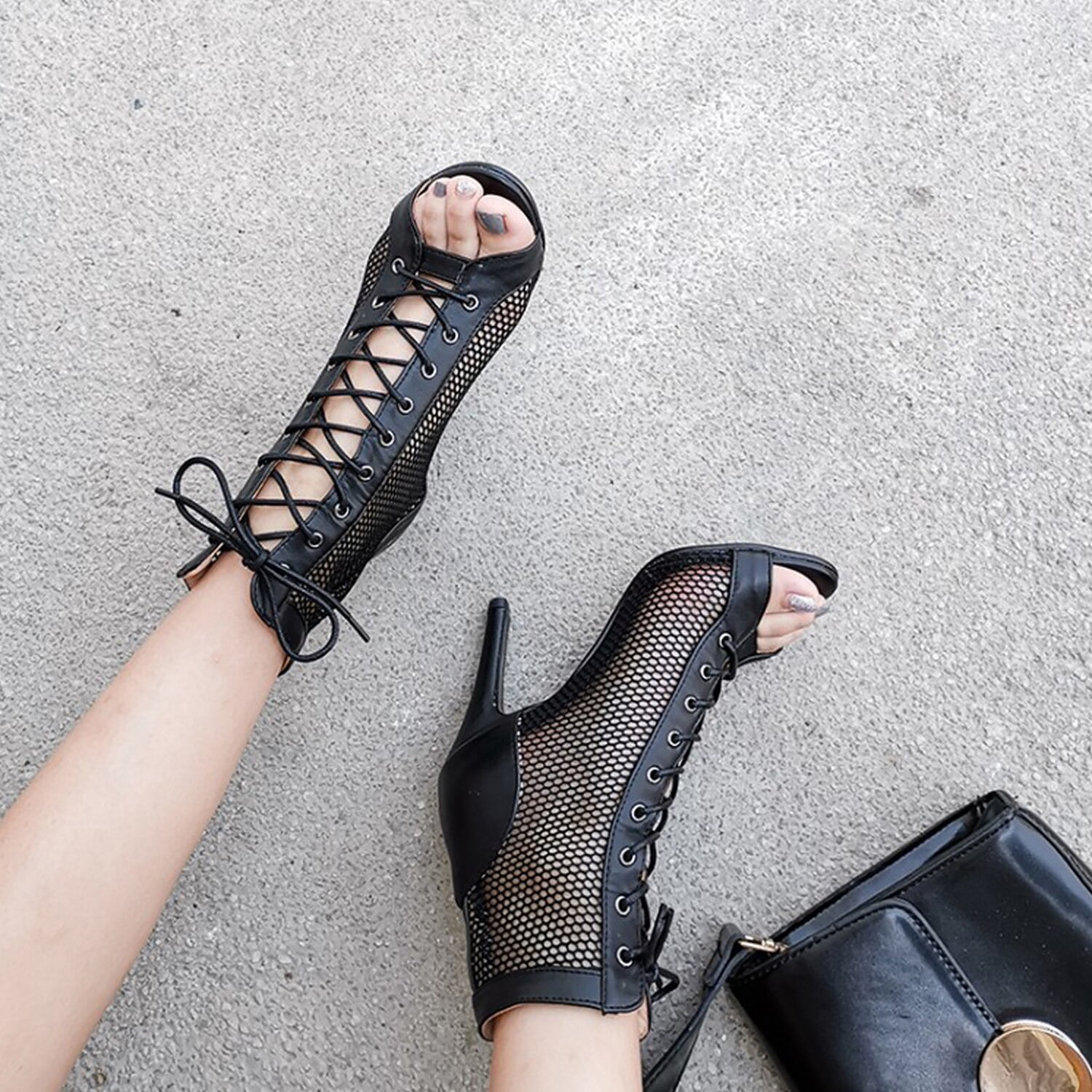 Pmoiste Summer Mesh Booties for Women High Heel Sandals Peep Toe Lace ...