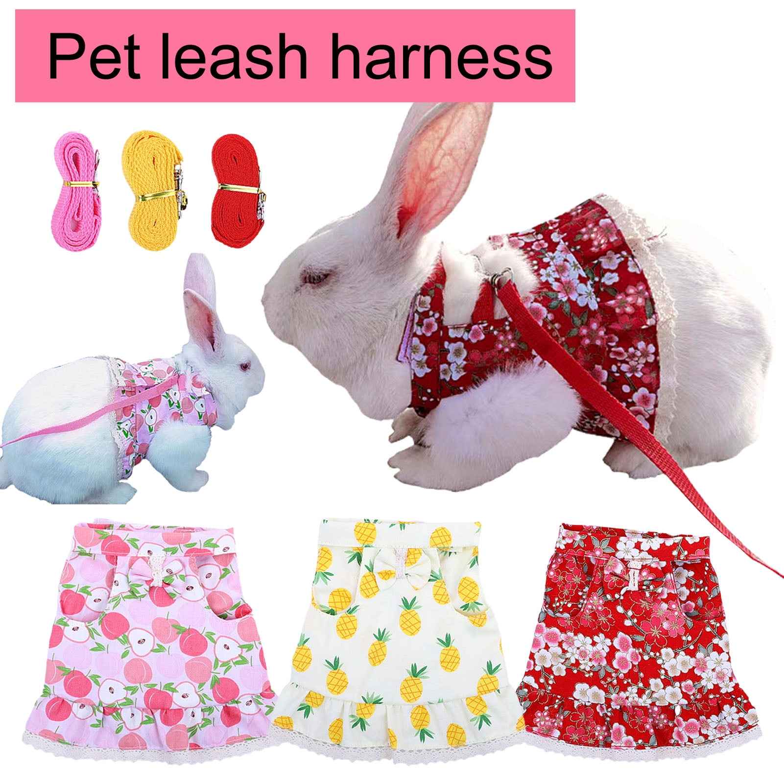Pnellth 1 Set Rabbit Clothes Leash Lace Hem Bowknot Peach Print Pet ...