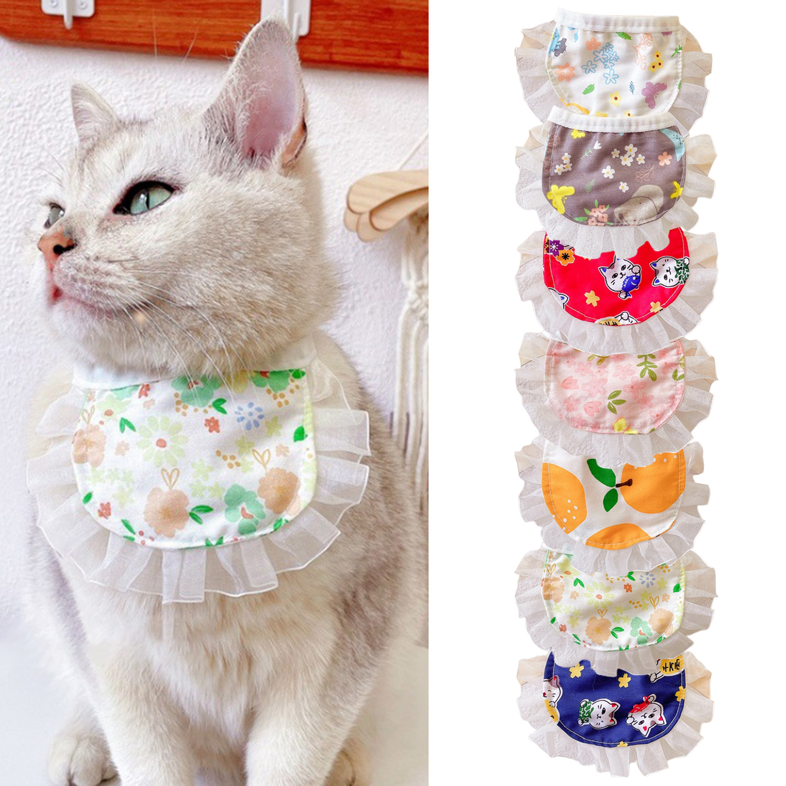 Pnellth Cat Lace Collar Cartoon Printing Decorative Soft Mesh Lace Bib ...