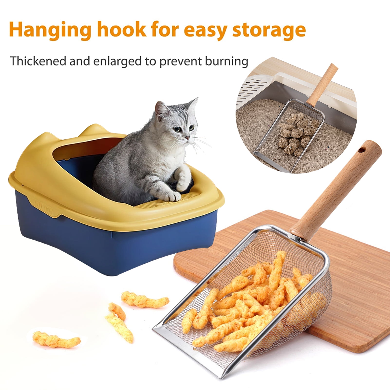 Pnellth Cat Litter Scooper with Ergonomic Wooden Handle Reusable Hollow ...