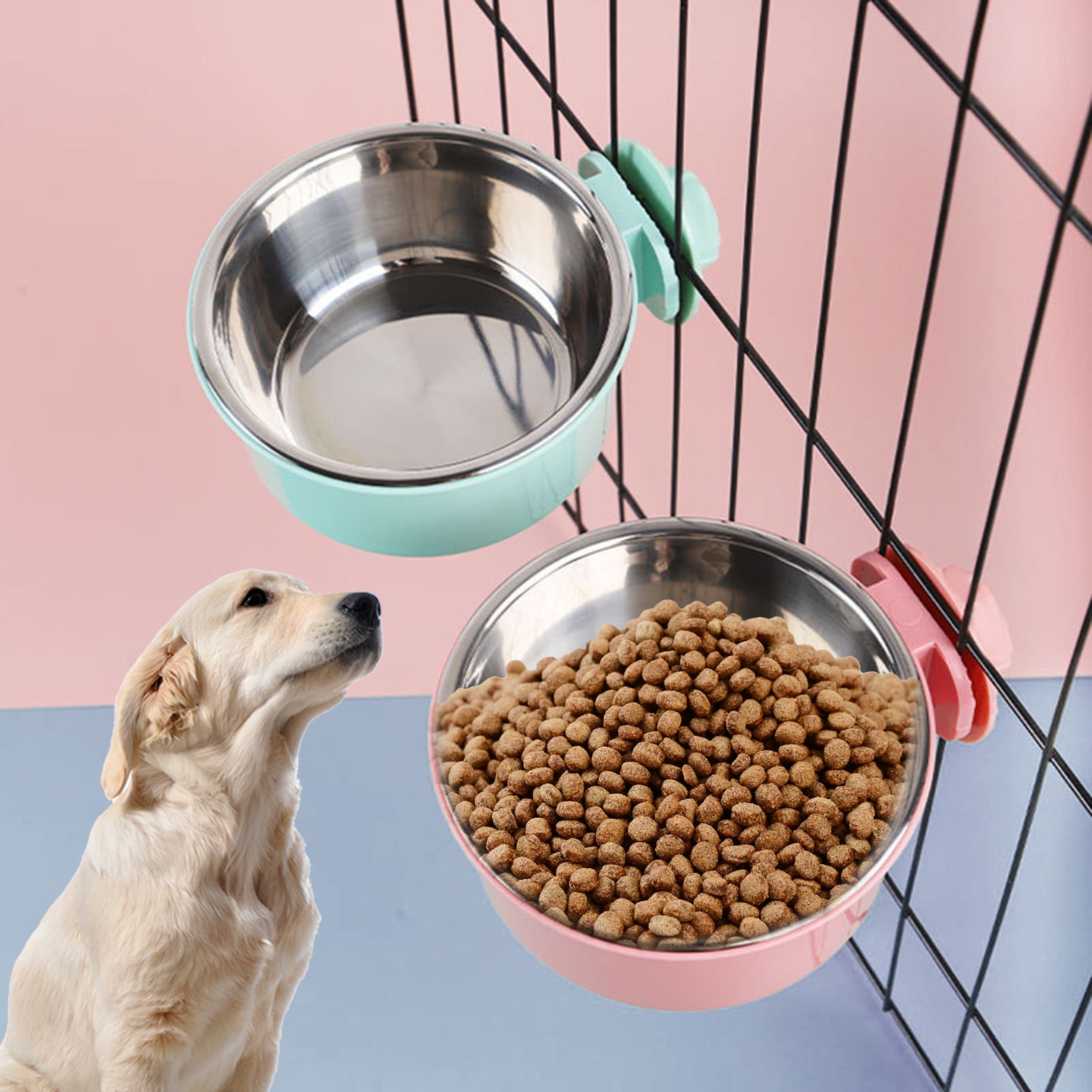 Pnellth Corrugated Anti-Spill Hanging 2-in-1 Pet Bowl Set Detachable ...