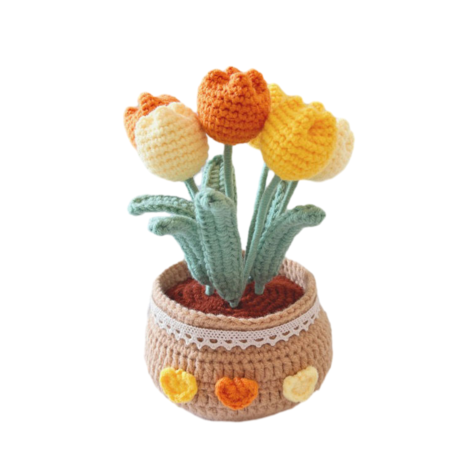 Pnellth Crochet Potted Flower Decoration Handmade Colorful Tulip Rose ...