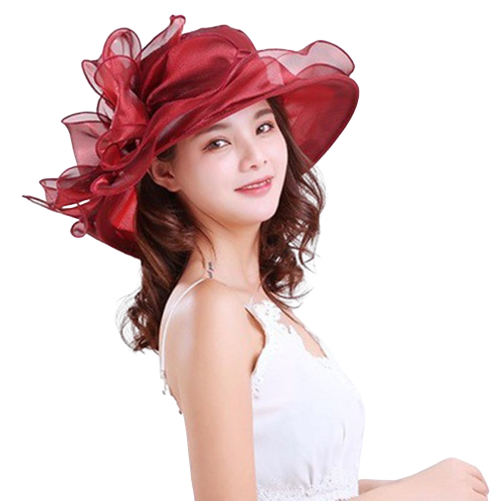 Pnellth Women Church Cap Wide Brim Bow Foldable Adjustable Anti Sun Hat ...
