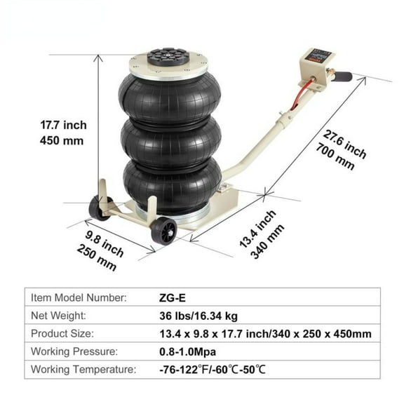 3 Ton Triple Bag Air Jack 6600 lbs Lift with 6 Steel Pipes 17.7 Inch ...