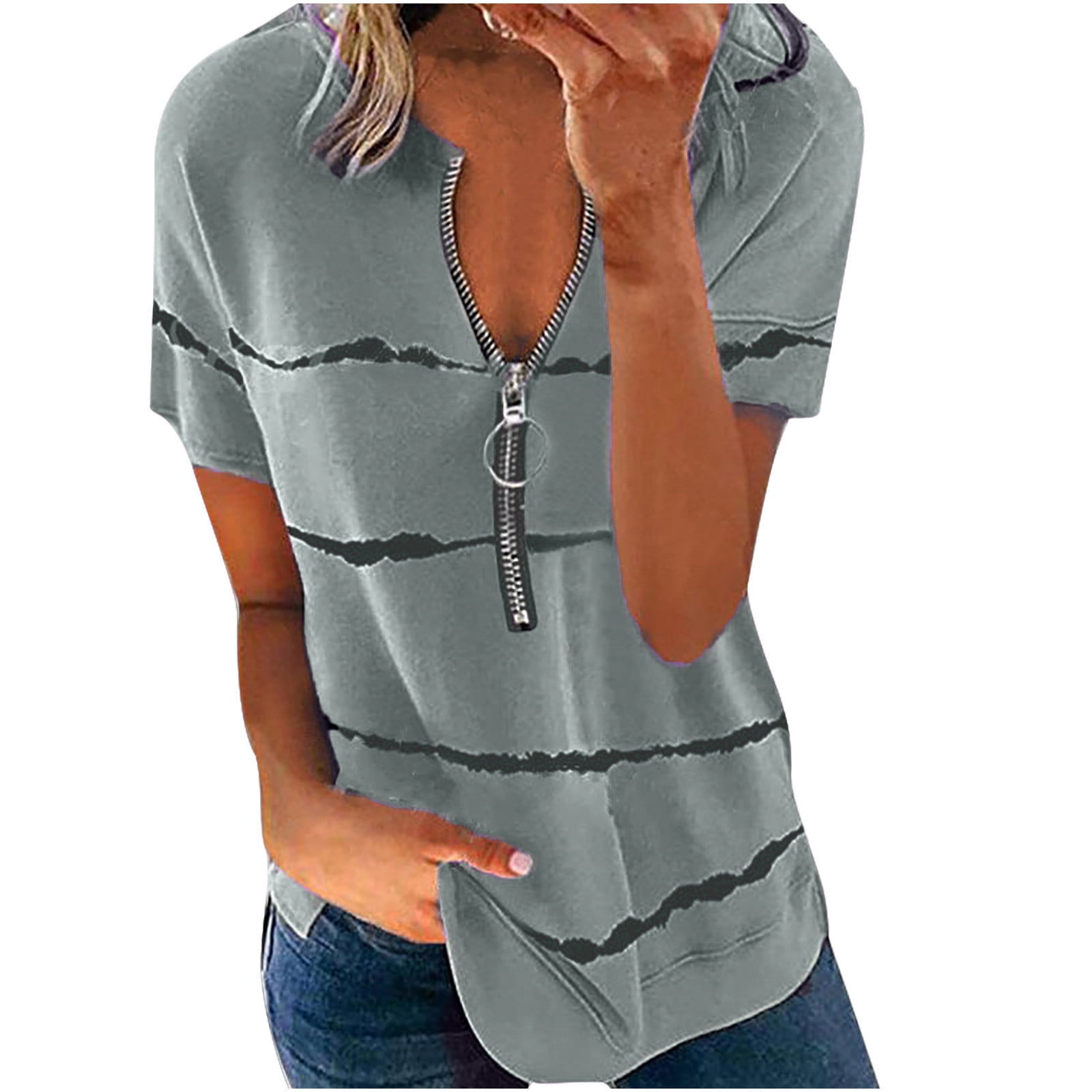 Pntutb Womens Clearance,Women's Plus Size Zipper Stripe Print V-Neck ...