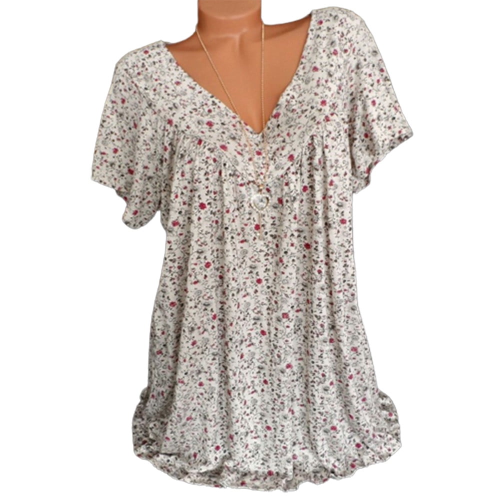 Pntutb Womens Summer Shirts,Women's Plus Size Short Sleeve V-Neck Print ...