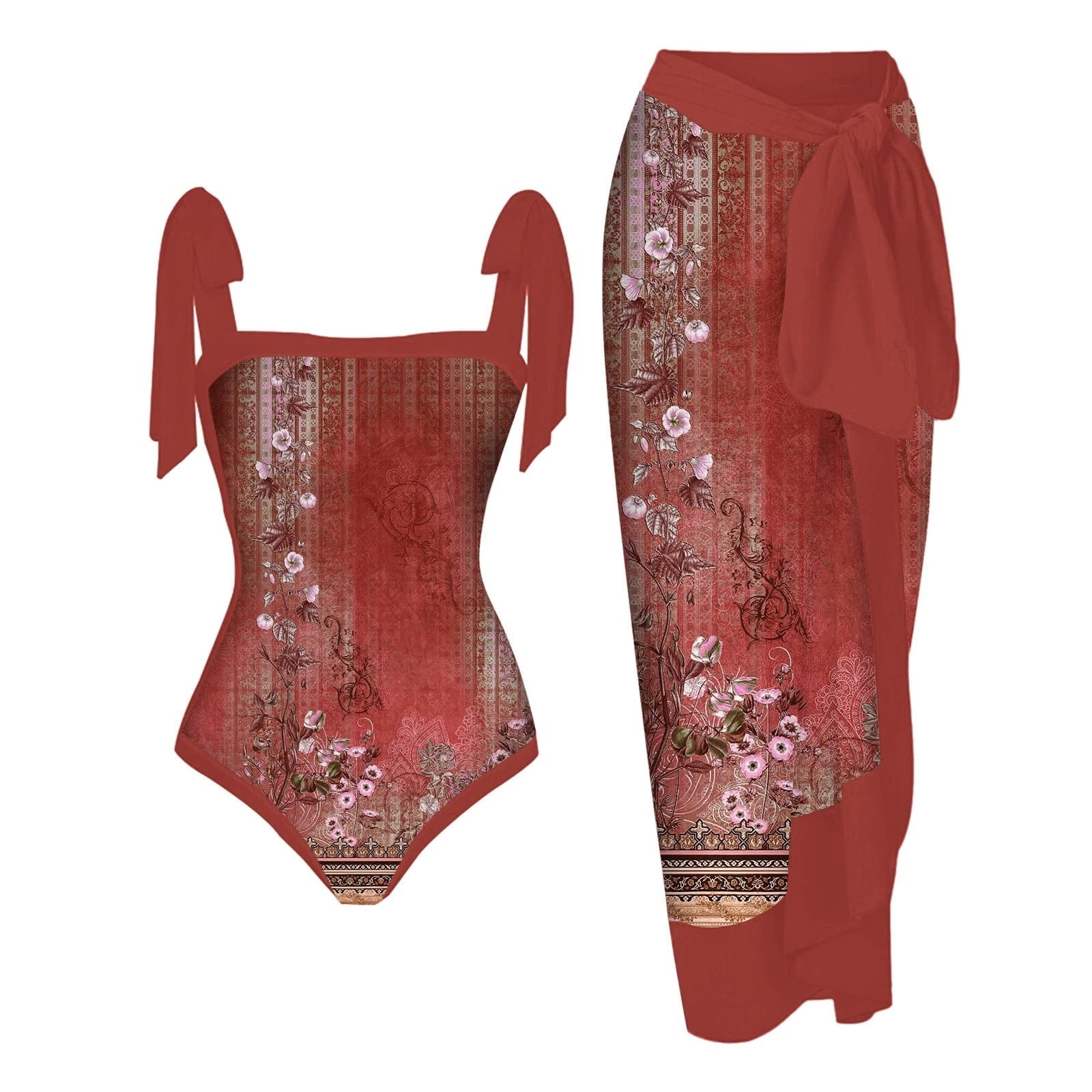 Pntutb Womens One Piece Swimsuit with Cover up Beach Skirt Sarong Two ...