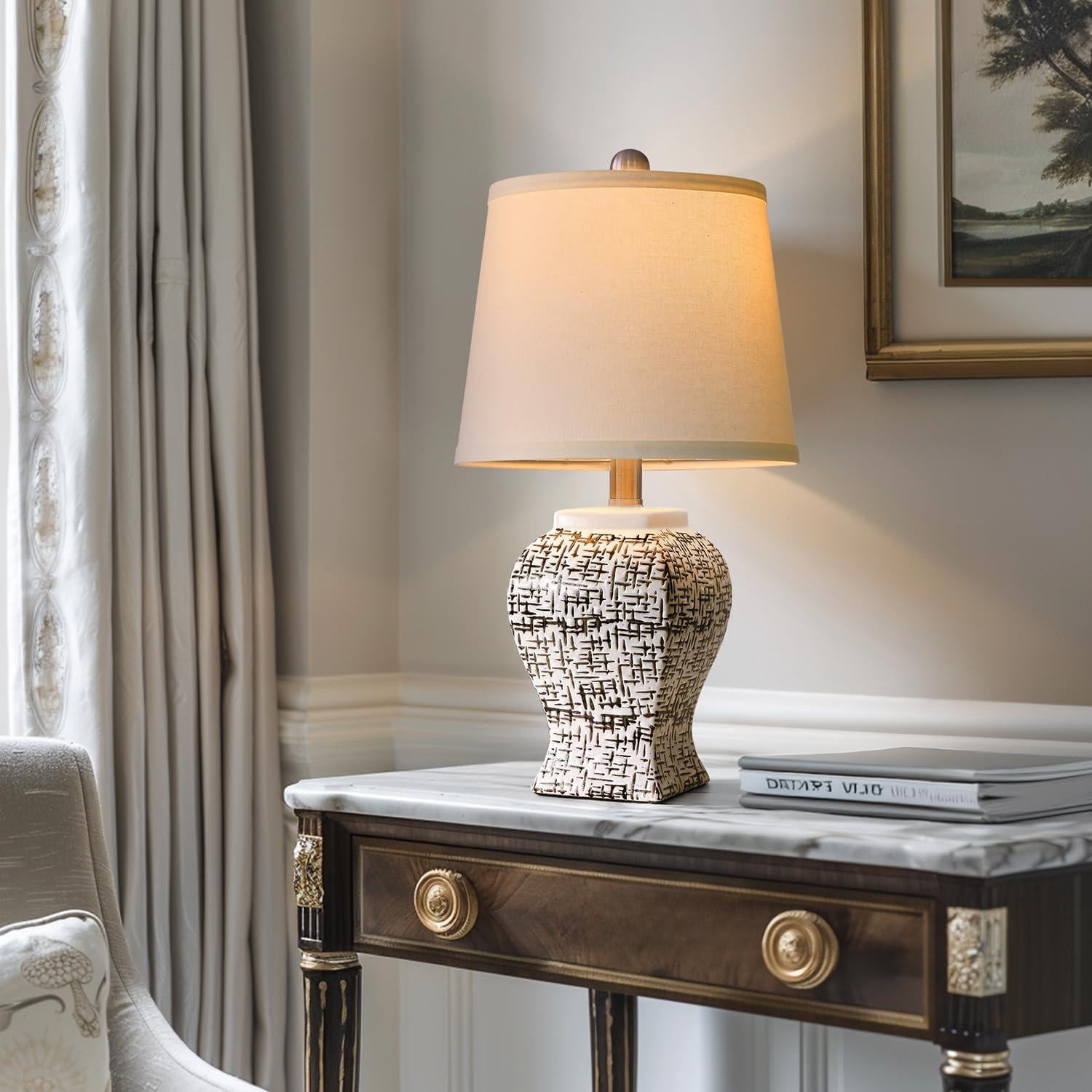 PoKat 20.75'' Farmhouse Table Lamp, Small Ceramic Nightstand Lamp for ...