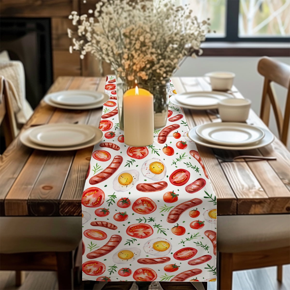 Poached Egg Hot Dog with Tomatoes Table Runner Kitchen Table r ...
